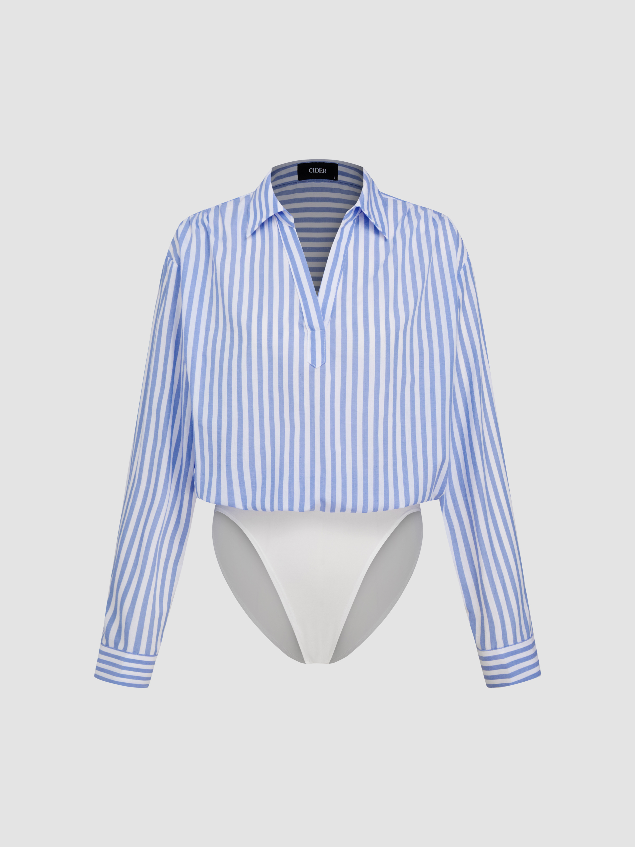 Woven 100% Cotton Collar Striped Long Sleeve Shirt Bodysuit For Work