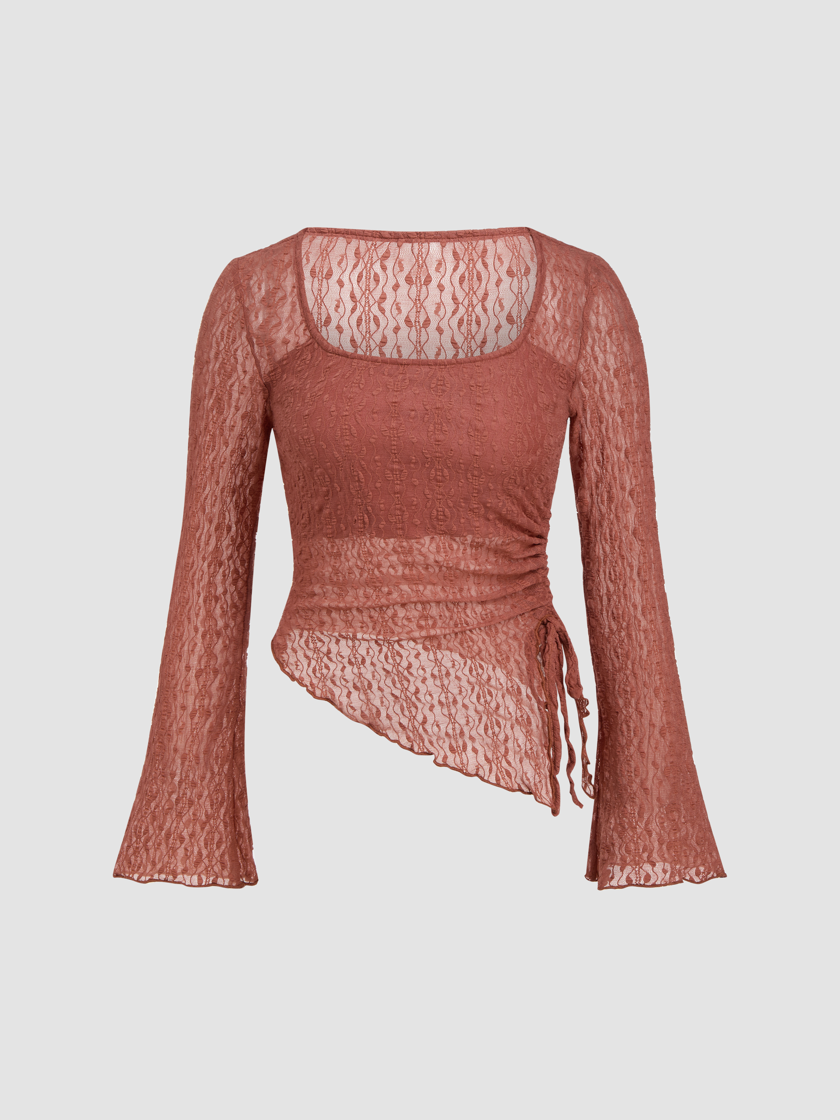 Knit Fabric Square Neck Lace Drawstring Long Sleeve Top For Vacation ...