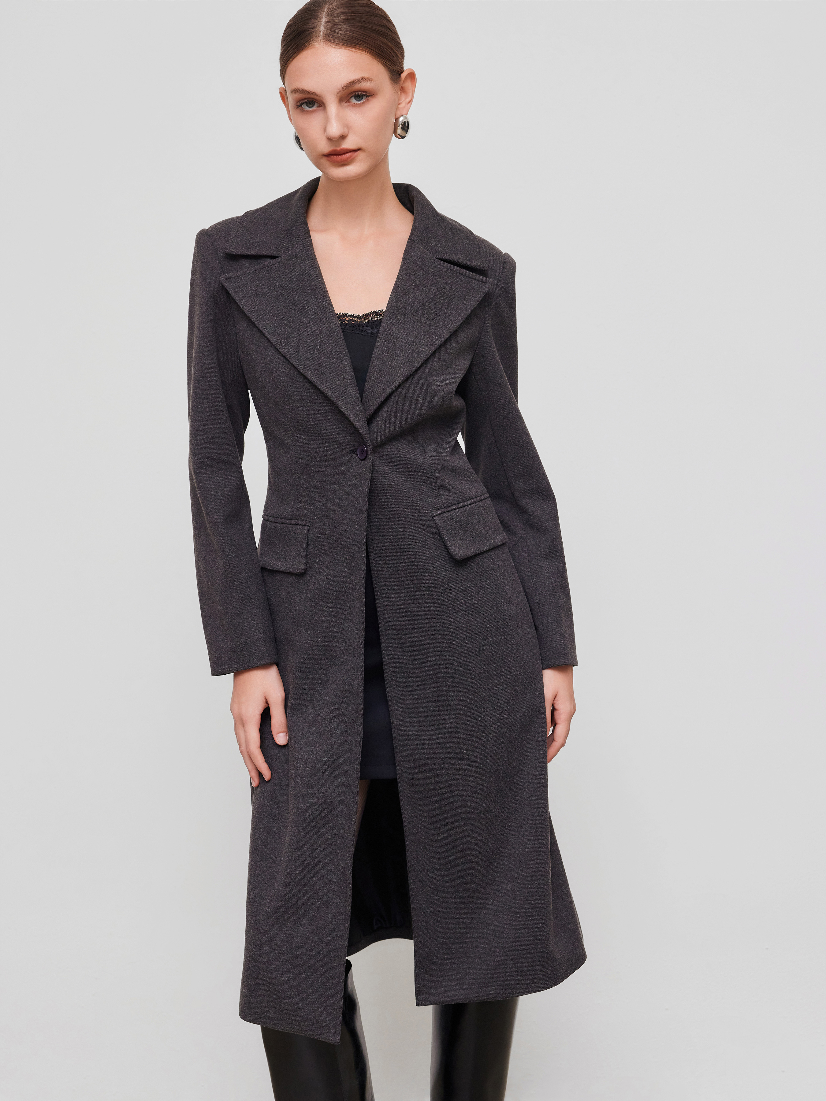 Tweed Tweed Notched Collar Solid Pocket Coat For Work