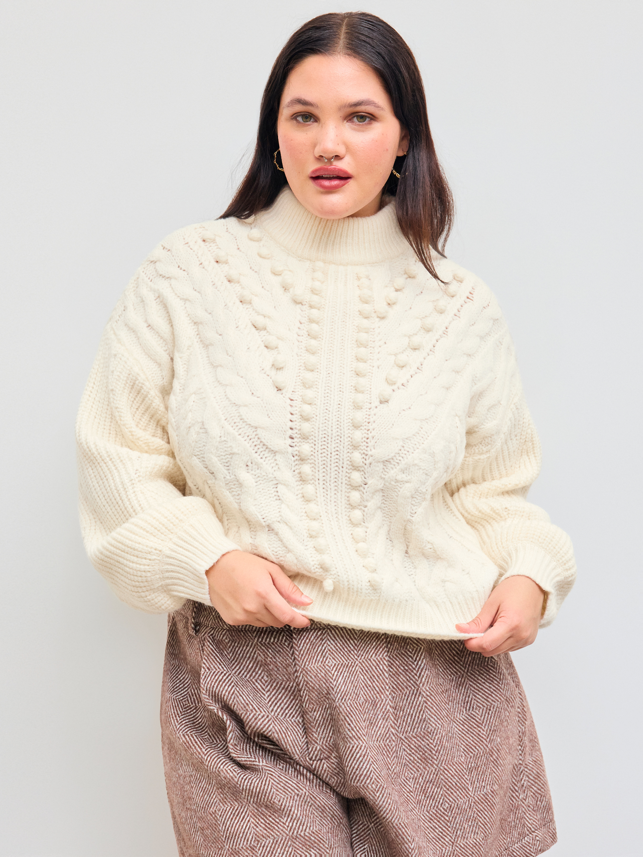 Knit Fabric Cable Knit Round Neckline Sweater Curve & Plus For School ...