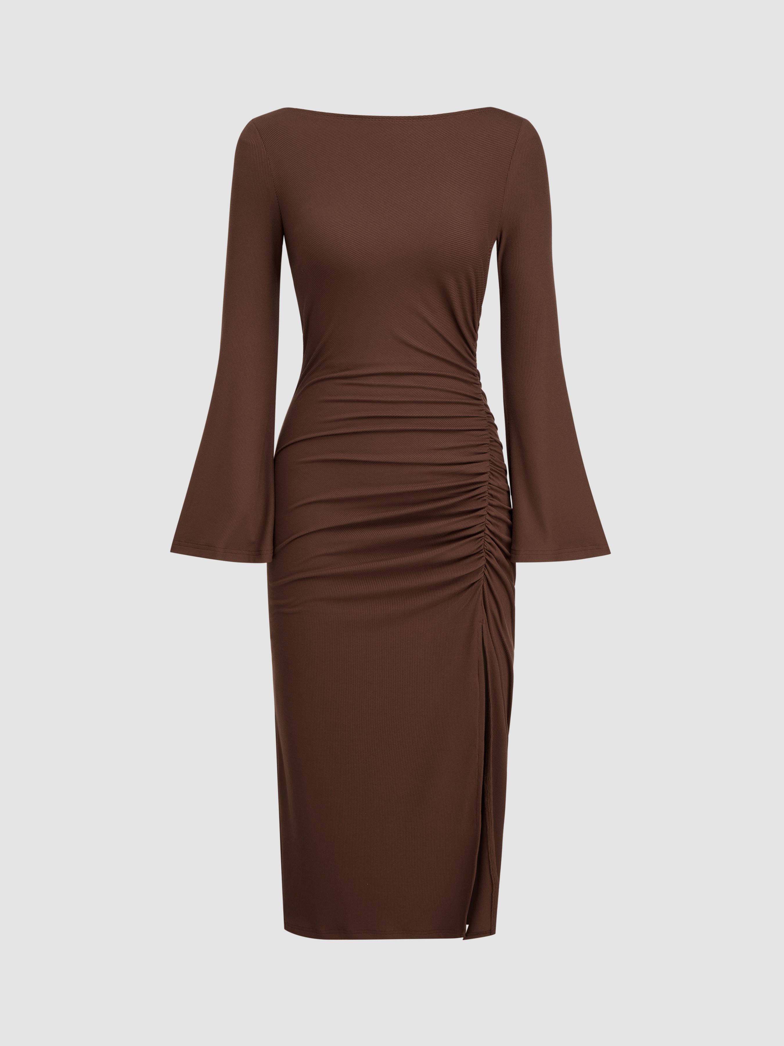 Knit Fabric Boat Neck Ruched Split Maxi Dress For Work