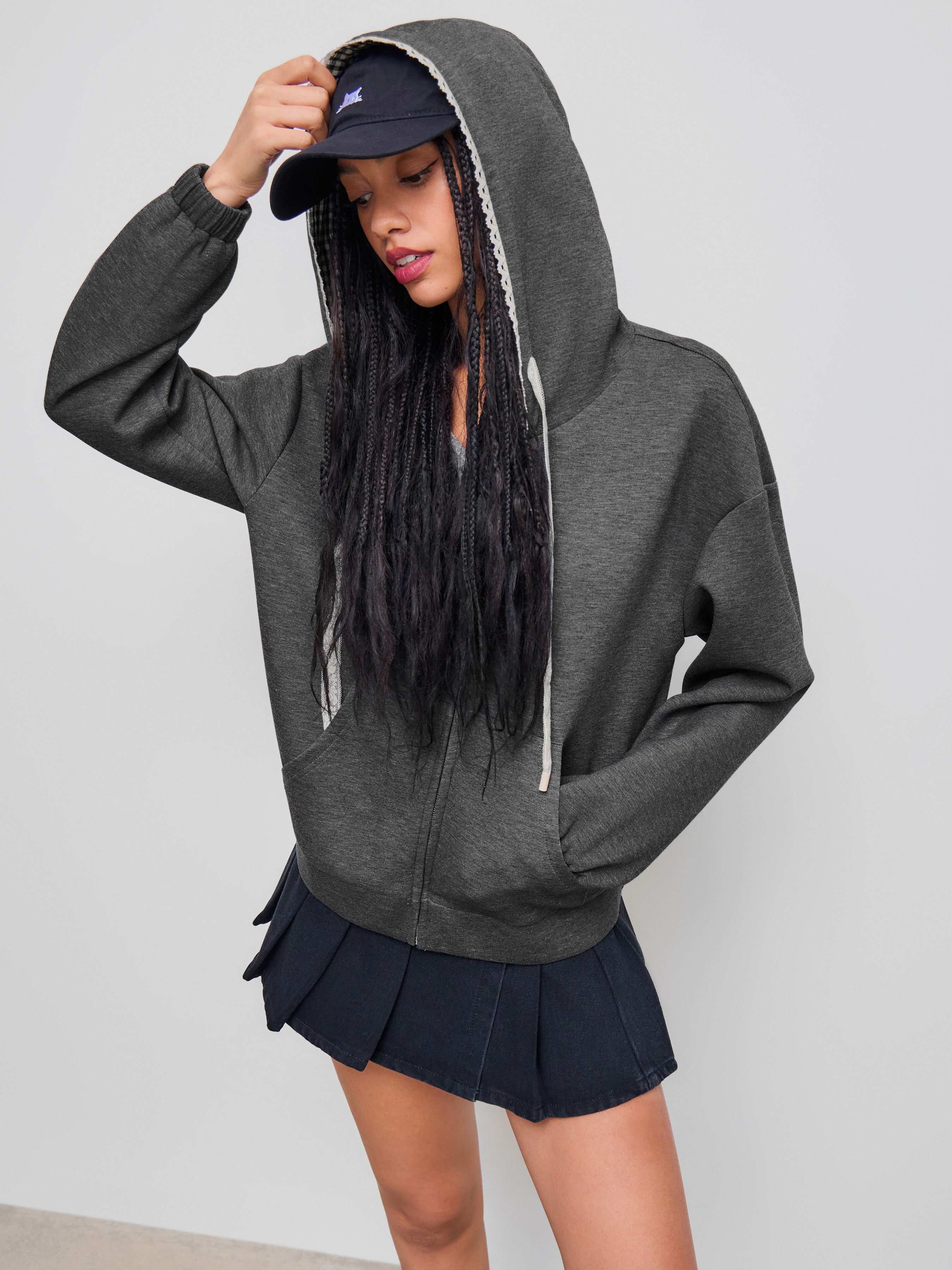 Terry Terry Gingham Lace Trim Oversized Hoodie For Daily Casual