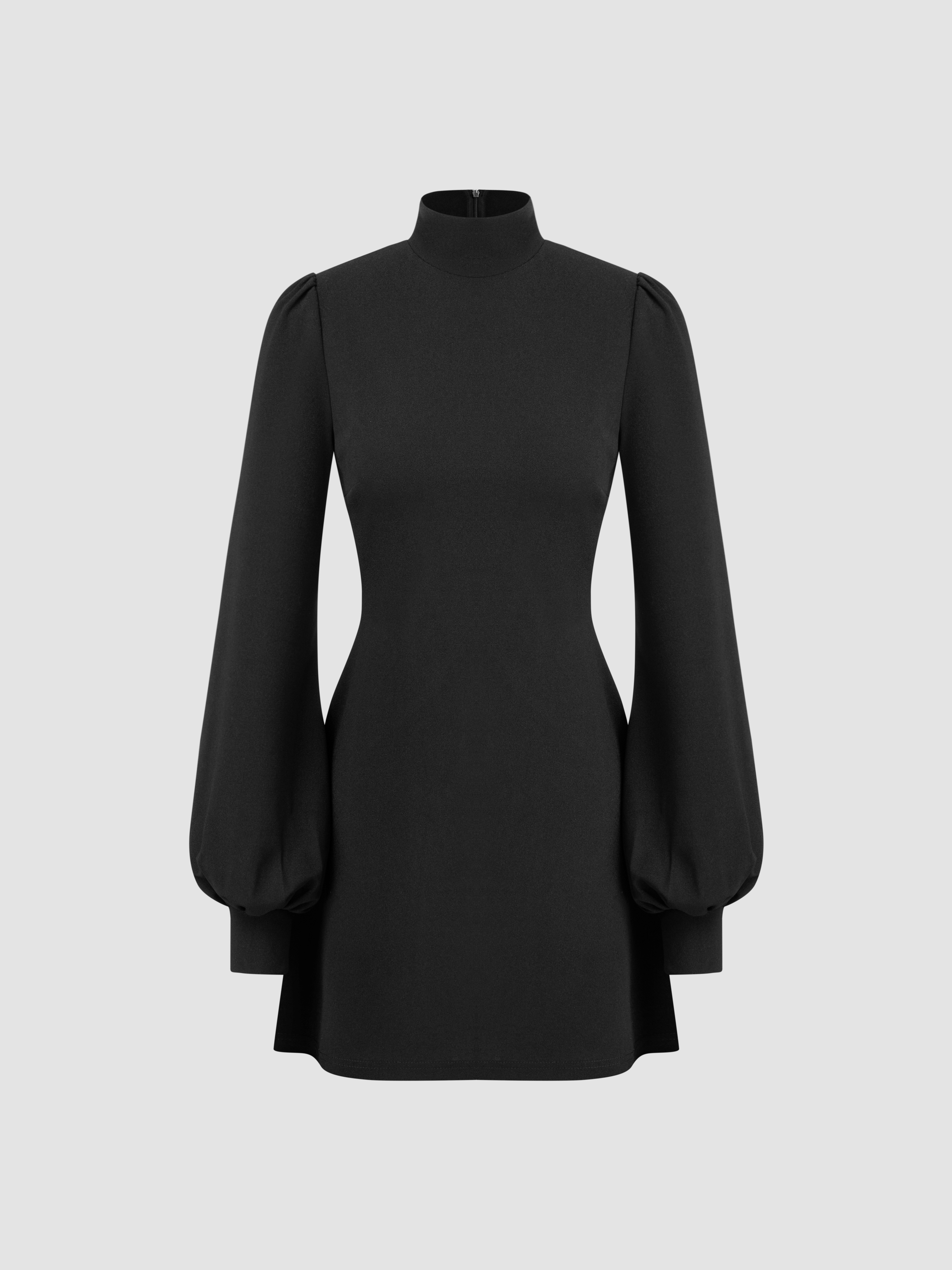 Knit Fabric High Neck Ruffle Puff Sleeve Mini Dress For Work