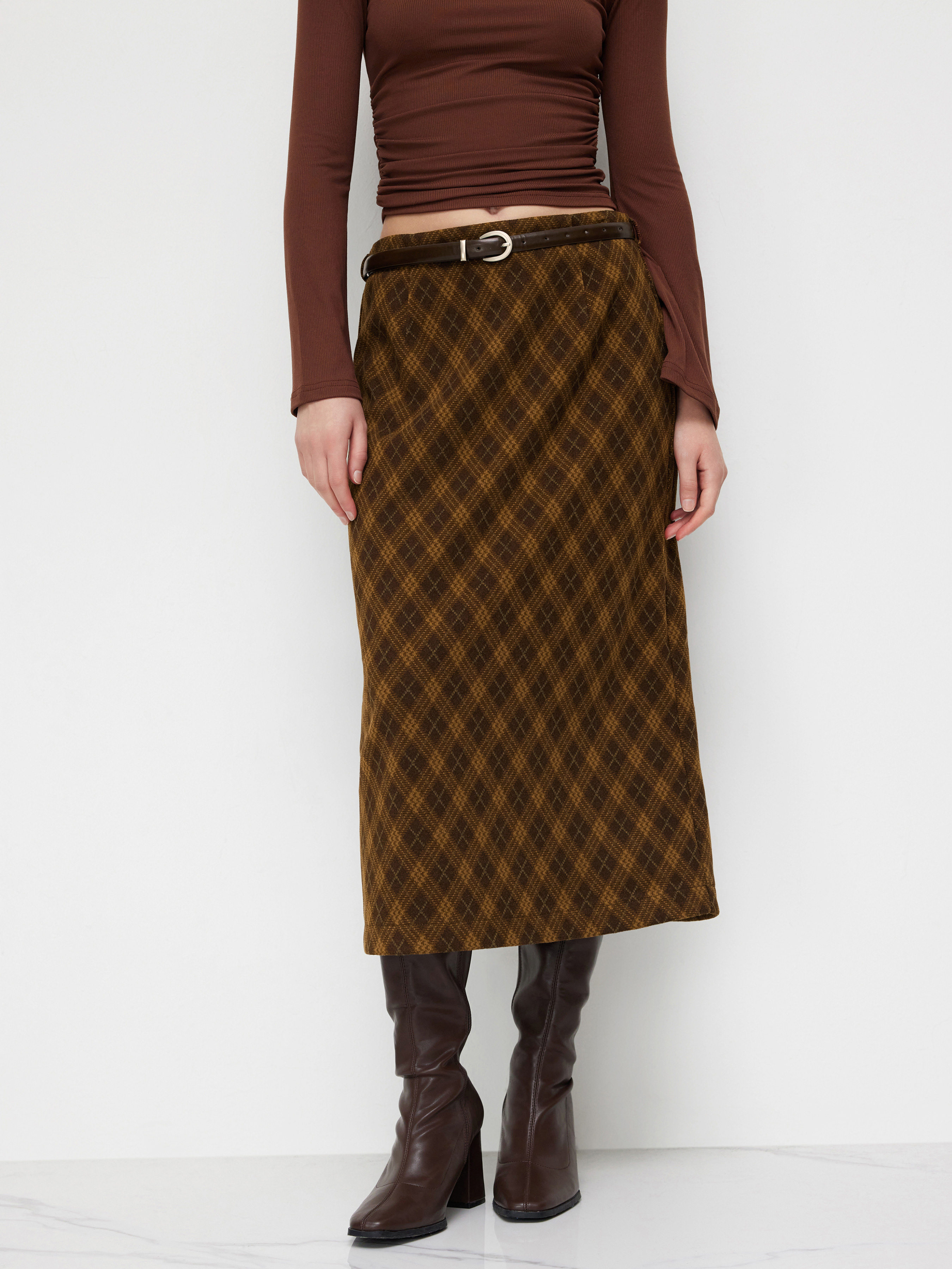 Wool-like fabrics Wool-look Mid Rise Check Maxi Skirt With Belt For Work