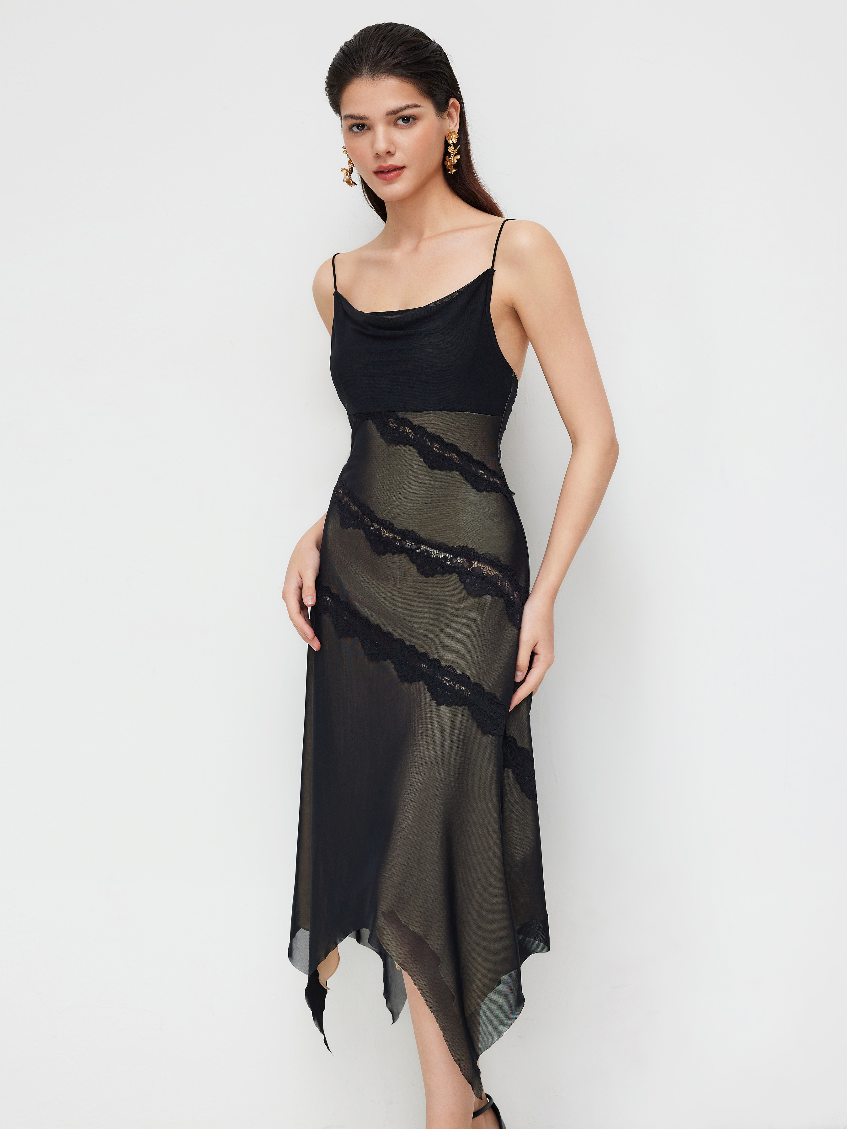 Mesh Mesh Cowl Neck Lace Maxi Dress For Party/Clubbing