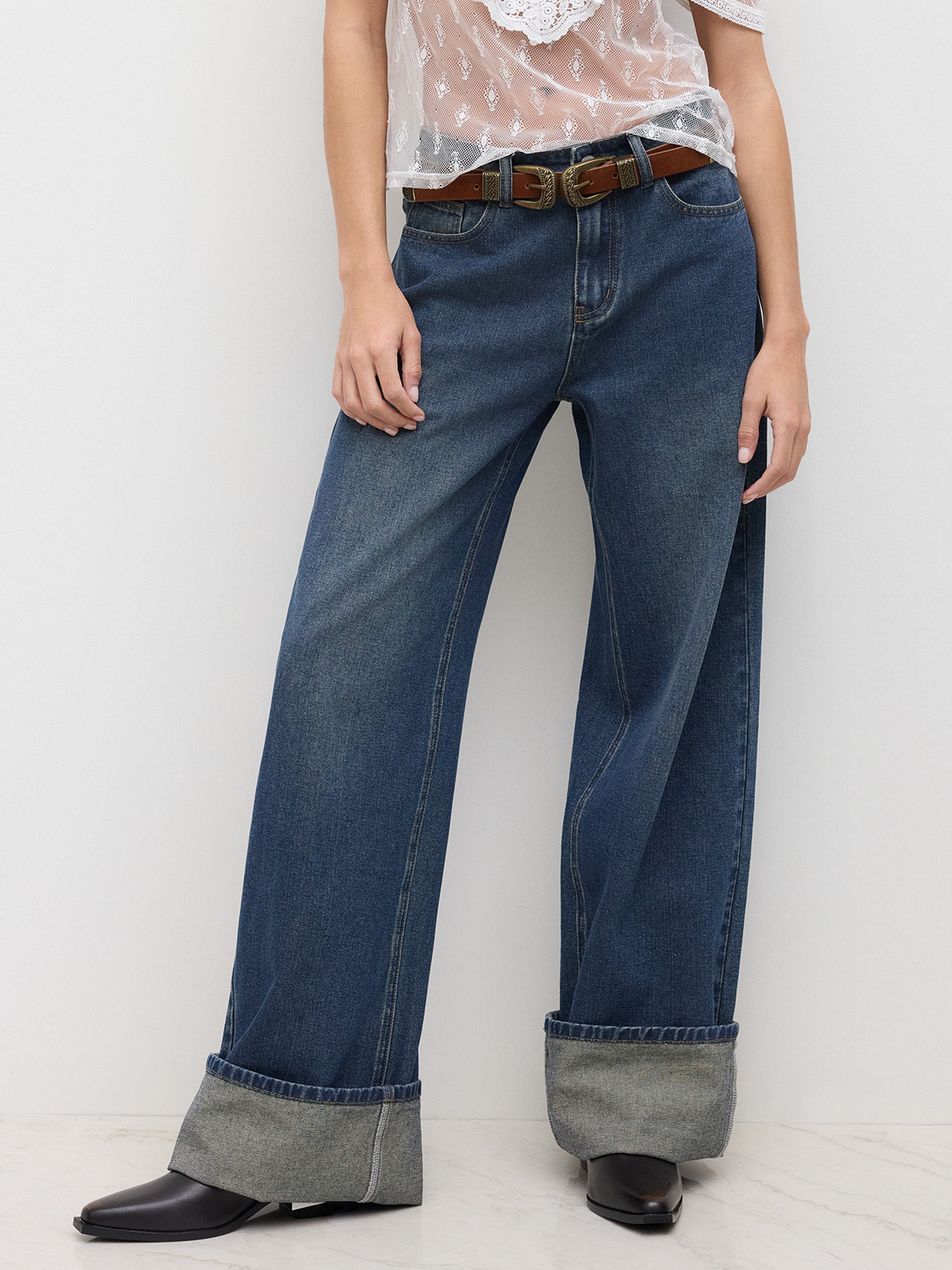 Denim Cider Denim Low Rise Roll Hem Baggy Jeans For Work