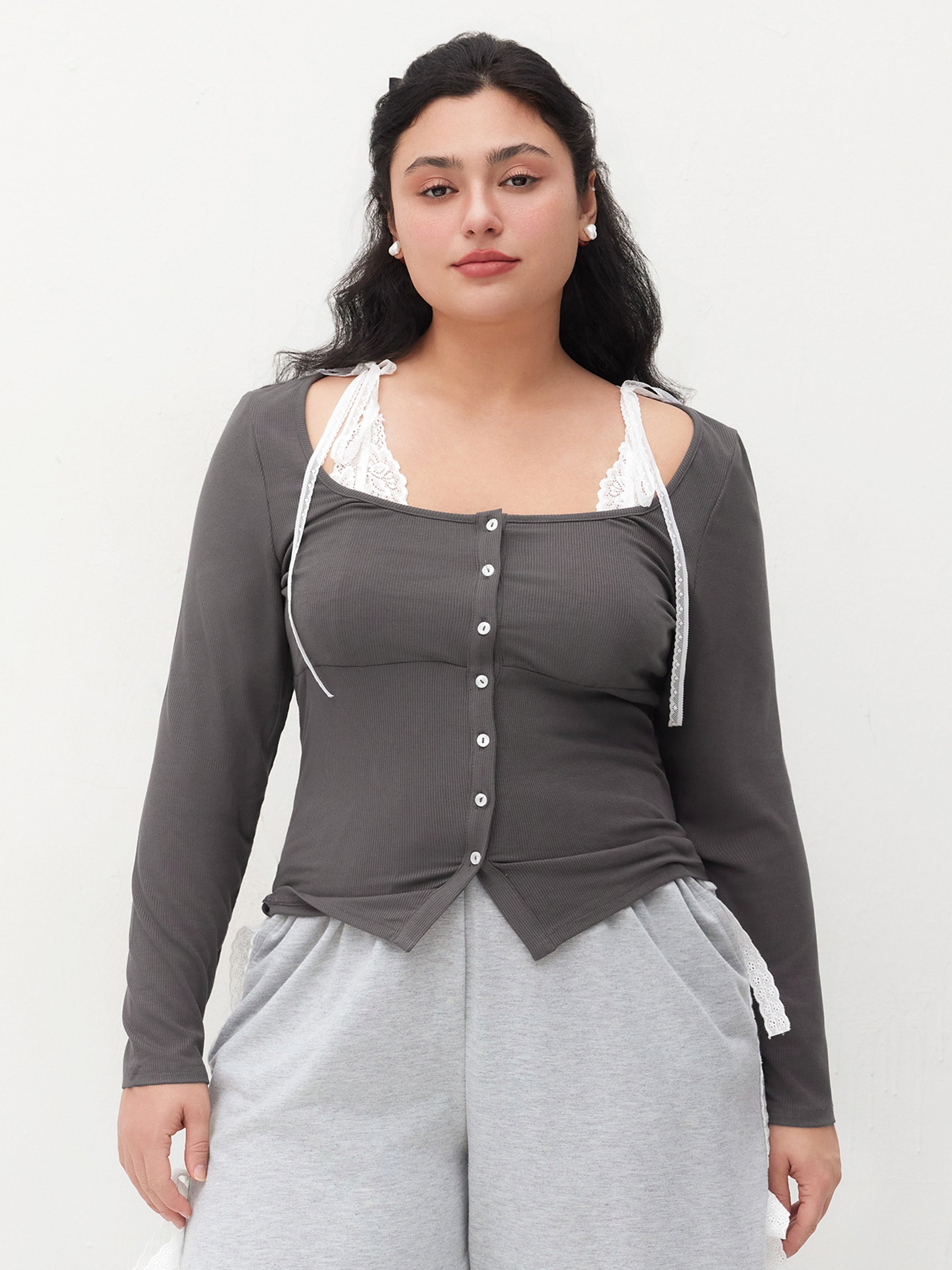 Knit Fabric U-neckline Lace Knotted Long Sleeve Top Curve & Plus For ...