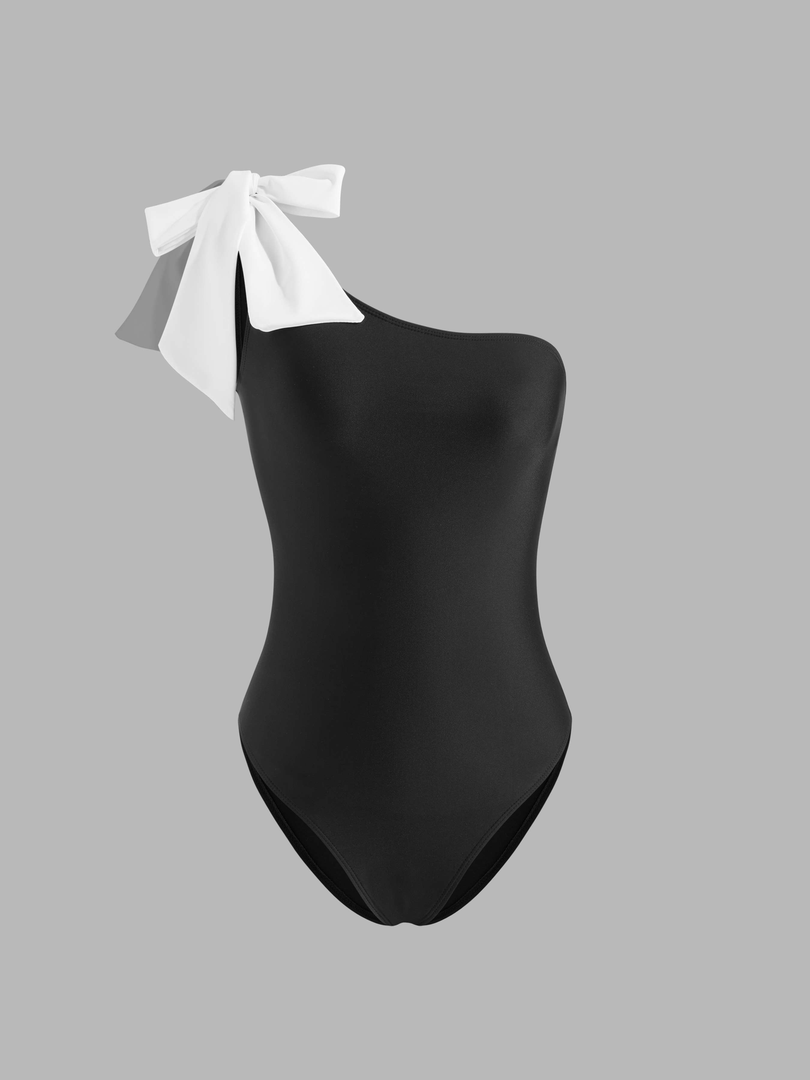 Knit Fabric Shaping Asymmetrical Neck Bowknot One Piece Swimsuit For ...