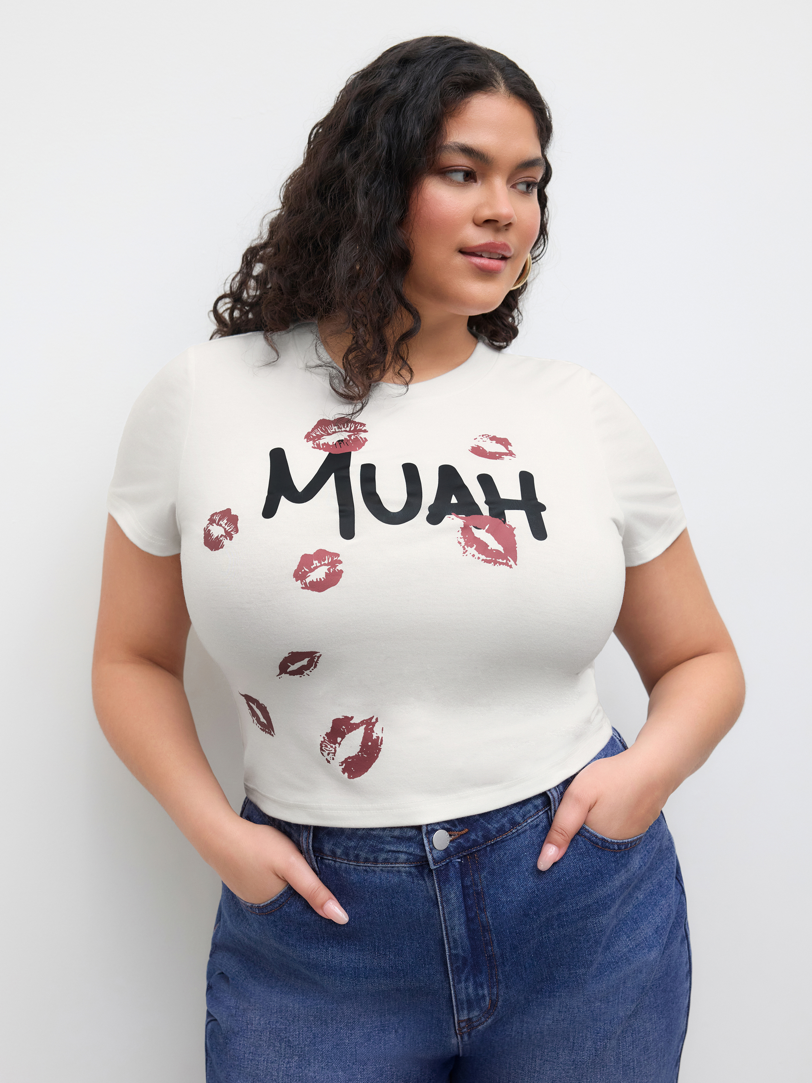 Jersey Muah Lips Print Graphic Tee Curve & Plus For School Daily Casual