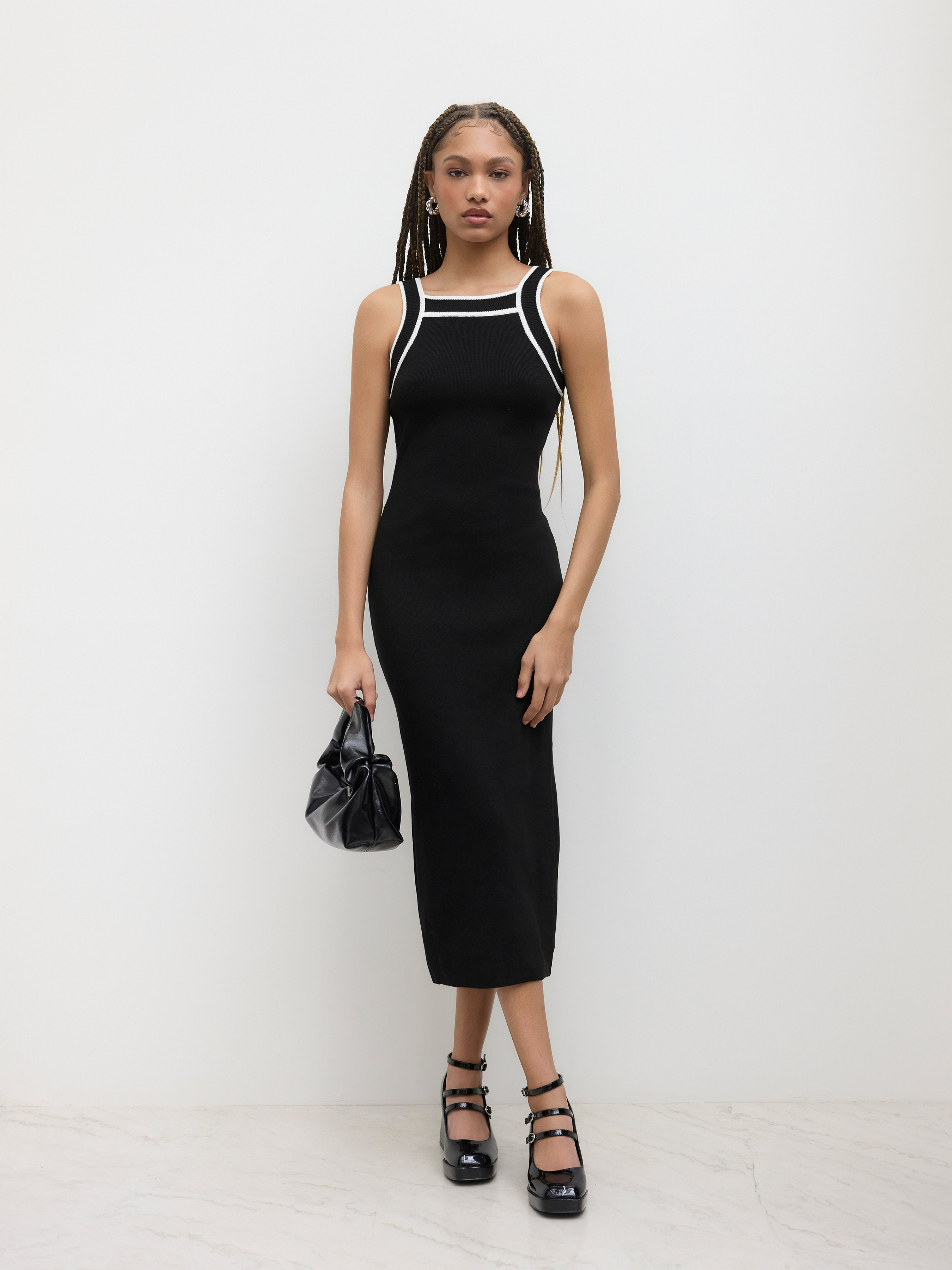 Knit Fabric Knit Square Neck Contrasting Binding Midi Dress For Date