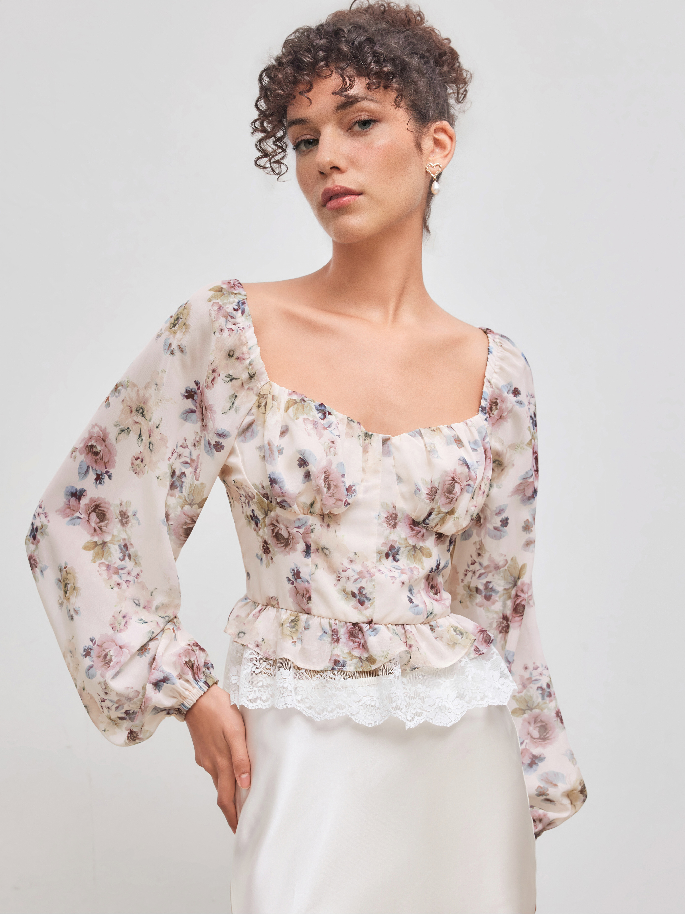 Chiffon Chiffon Sweetheart Neckline Floral Lace Trim Long Sleeve Blouse ...