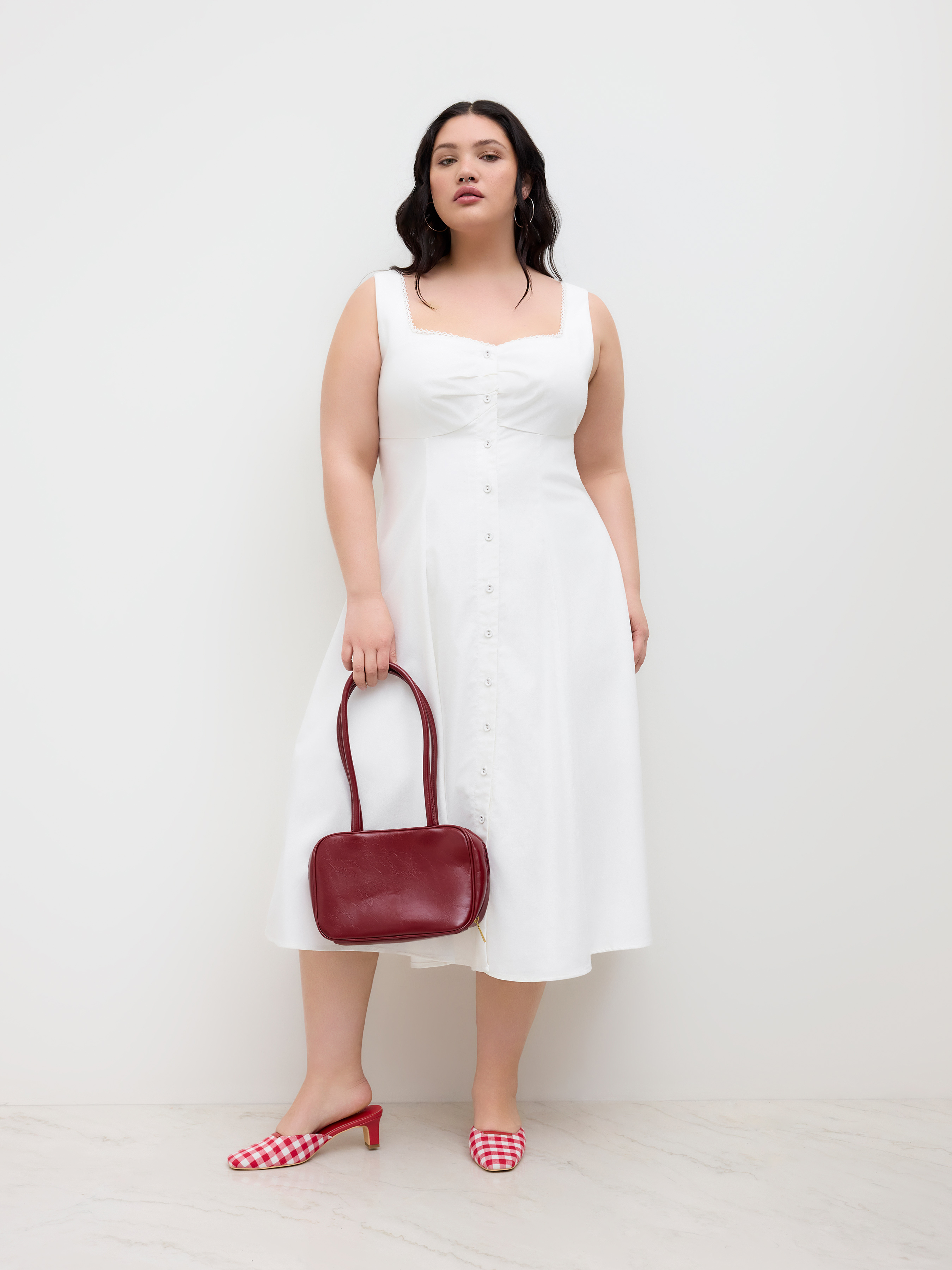 Linen-blend Linen-blend Sweetheart Button Up Ruffle Midi Dress Curve ...