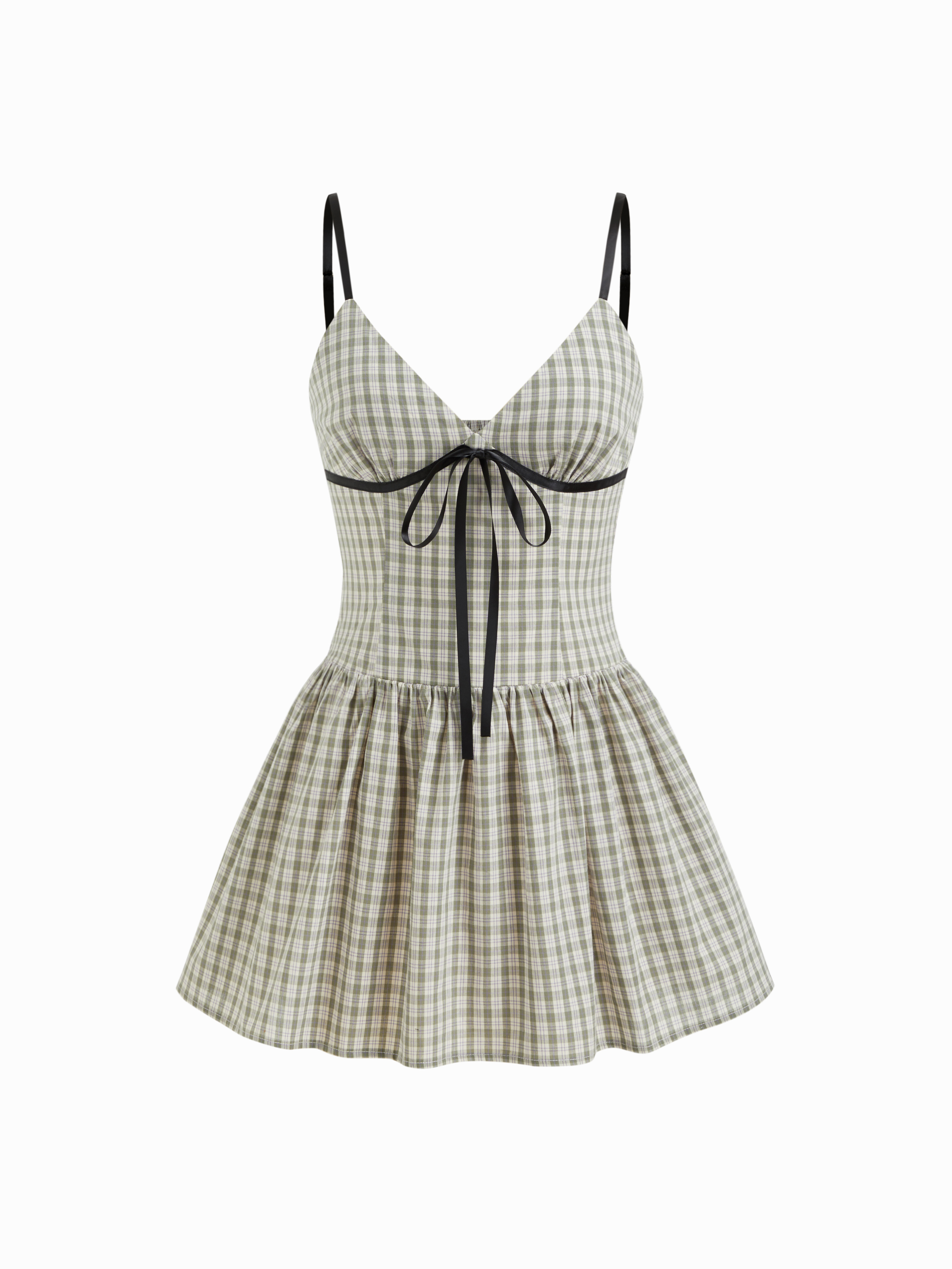 Woven Cotton Plaid V-neck Contrasting Binding Bowknot Mini Dress For ...