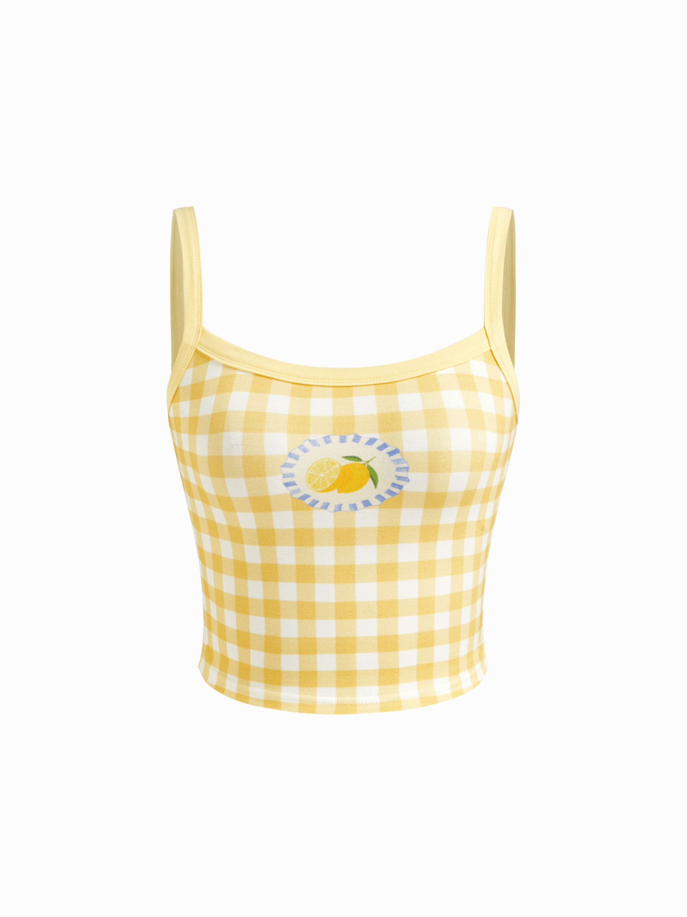 Woven Lemon Gingham Crop Cami Top For Daily Casual
