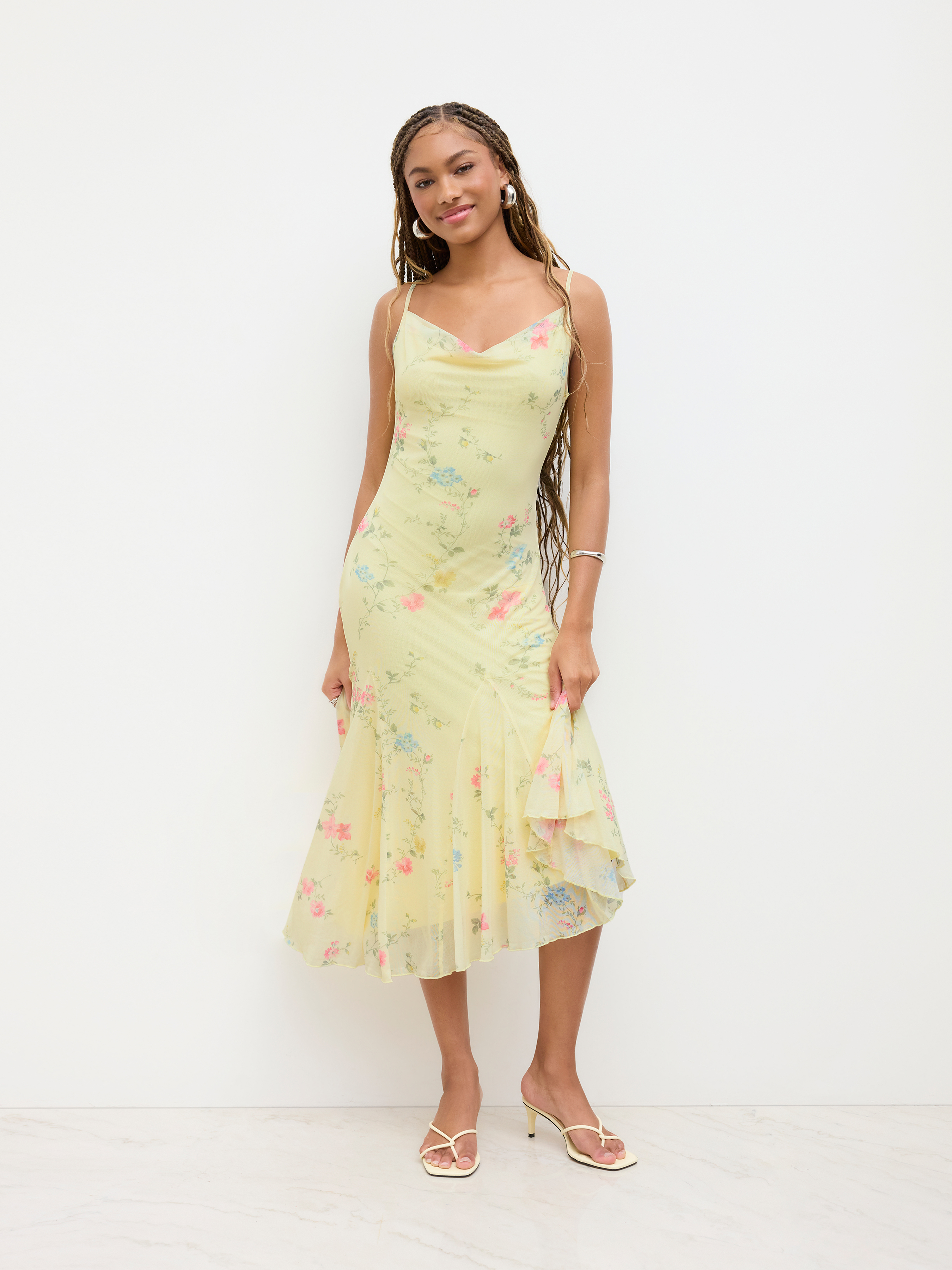 Mesh Mesh Cowl Neck Floral Ruffle Hem Maxi Dress For Vacation