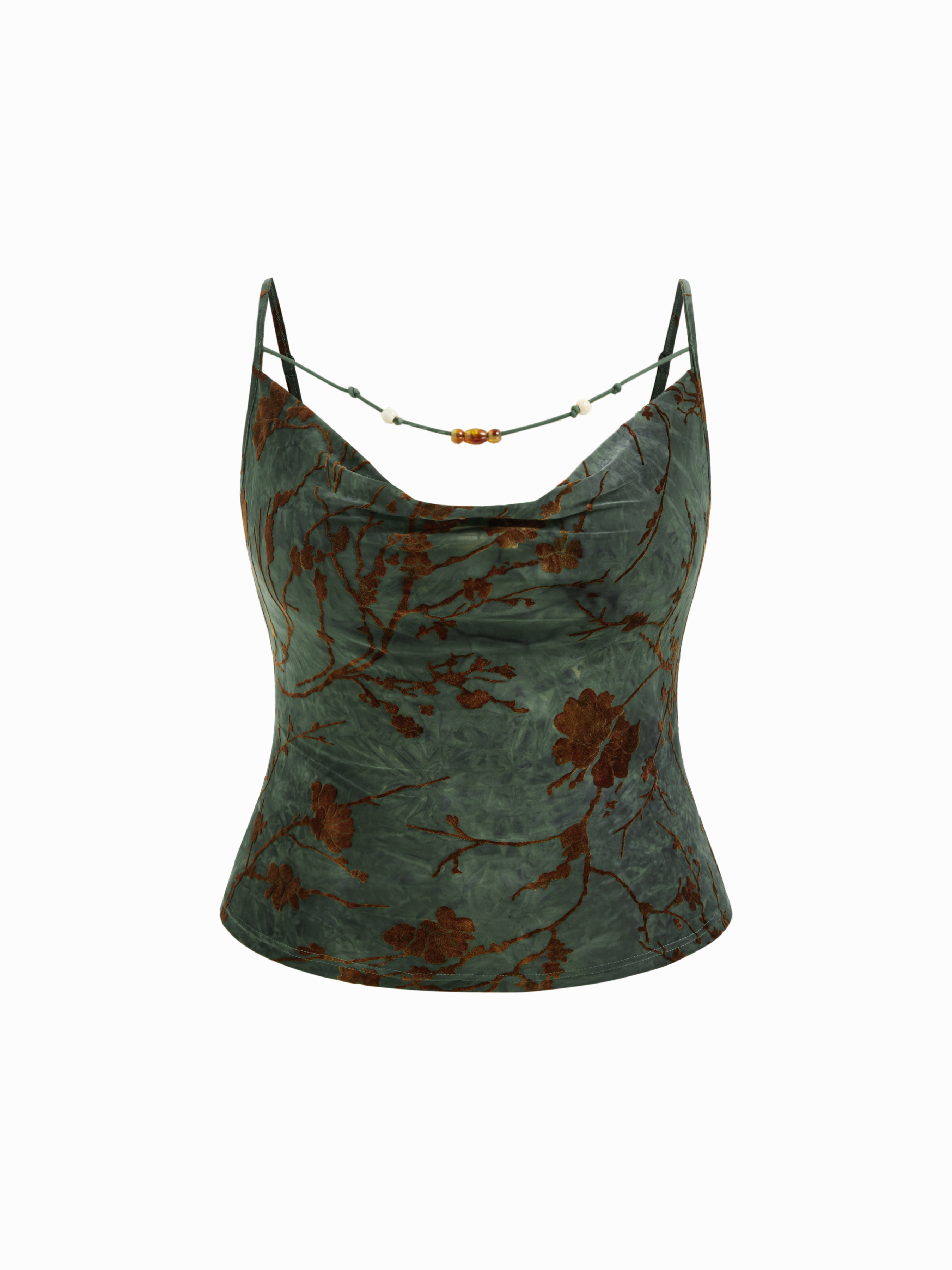 Knit Fabric Cowl Neck Floral Beaded Cami Top For Daily Casual