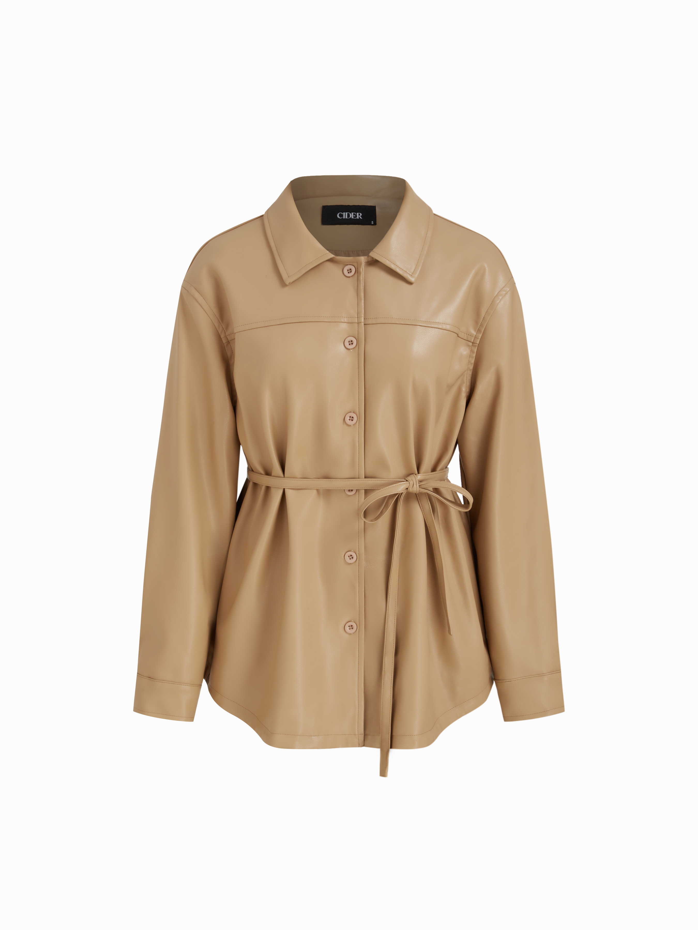 Faux Leather Faux Leather Collar Shacket With Belt For Work