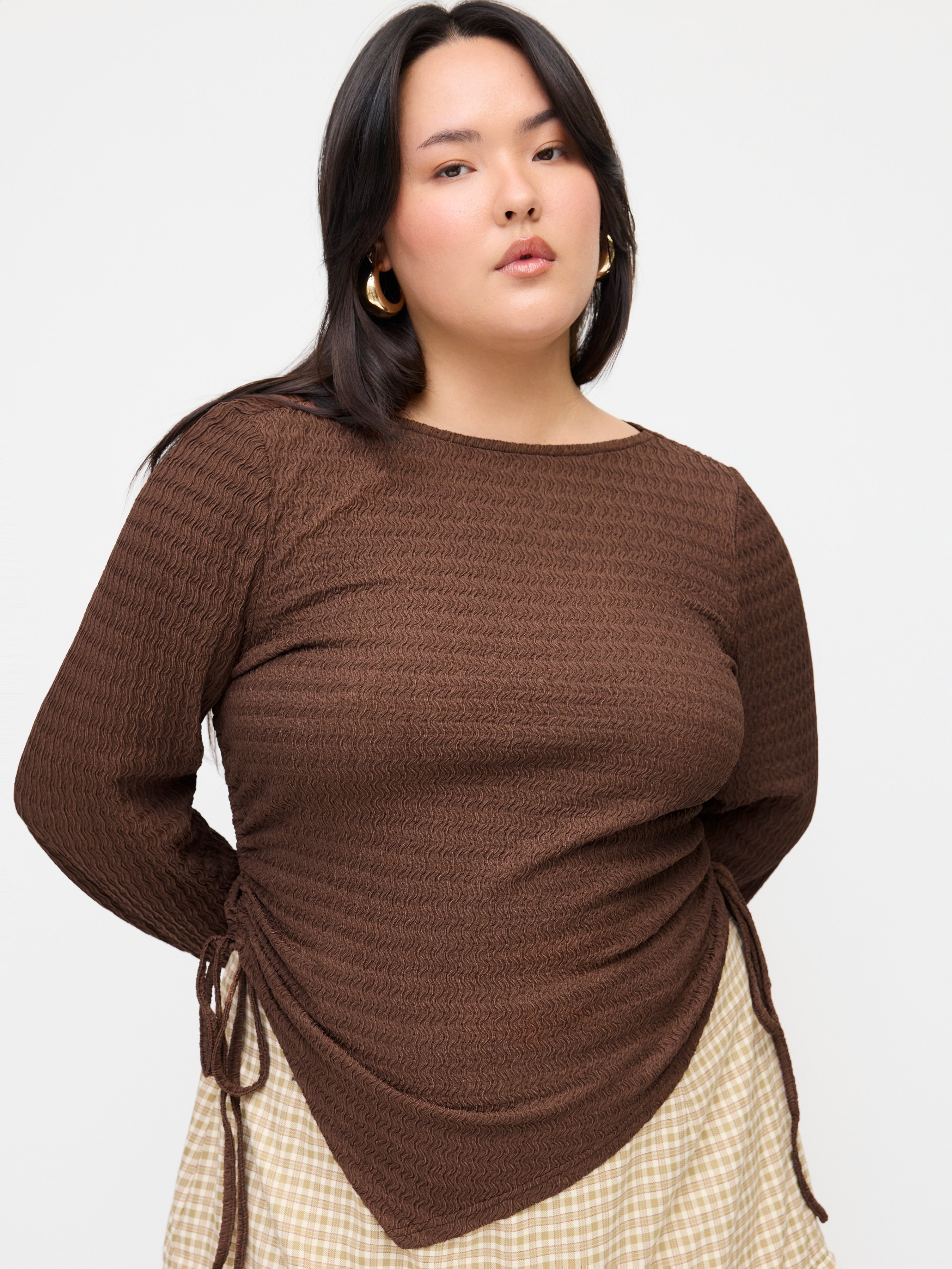 Knit Fabric Boat Neck Ruched Drawstring Bell Sleeve Top Curve & Plus ...