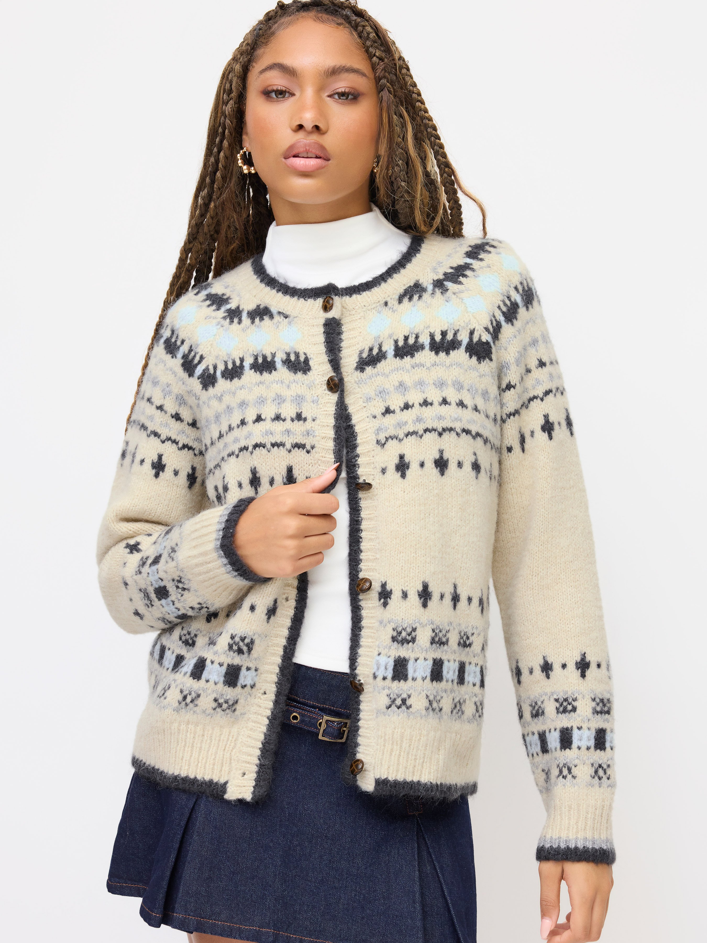 Knit Fabric Knit Round Neckline Aztec Contrasting Binding Cardigan For ...