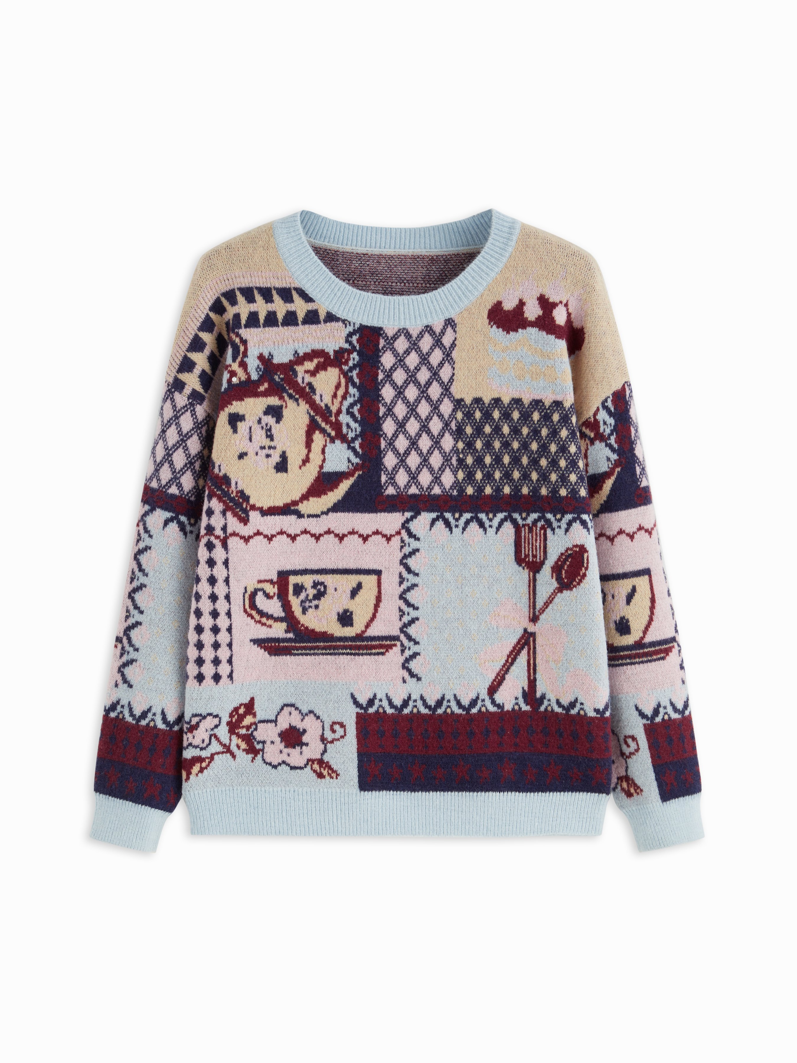 Knit Fabric Knit Floral Spoon & Cup Pattern Colorblock Top Curve & Plus ...