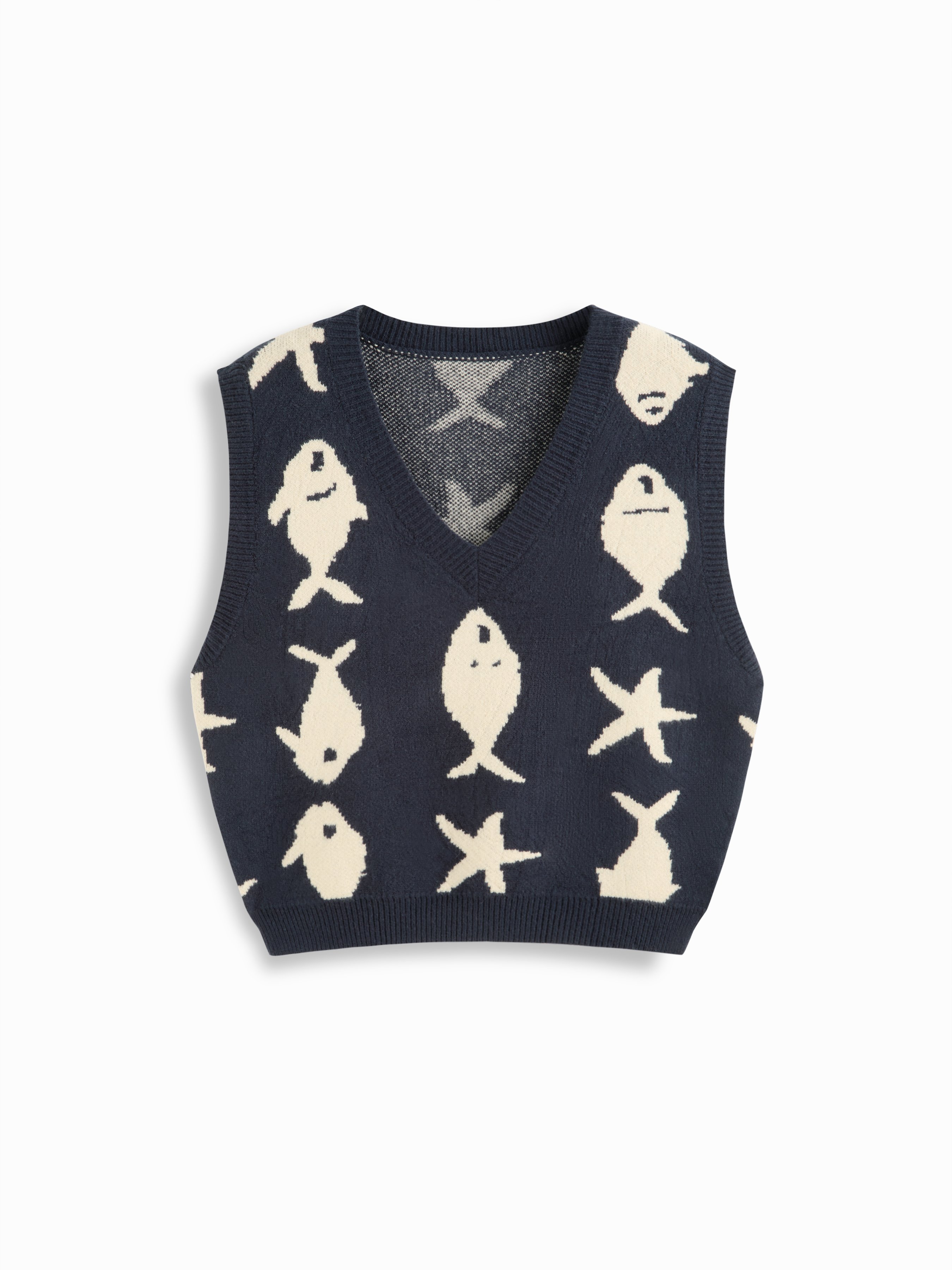 Knit Fabric Knit V-neck Fish Pattern Vest Curve & Plus For Daily Casual