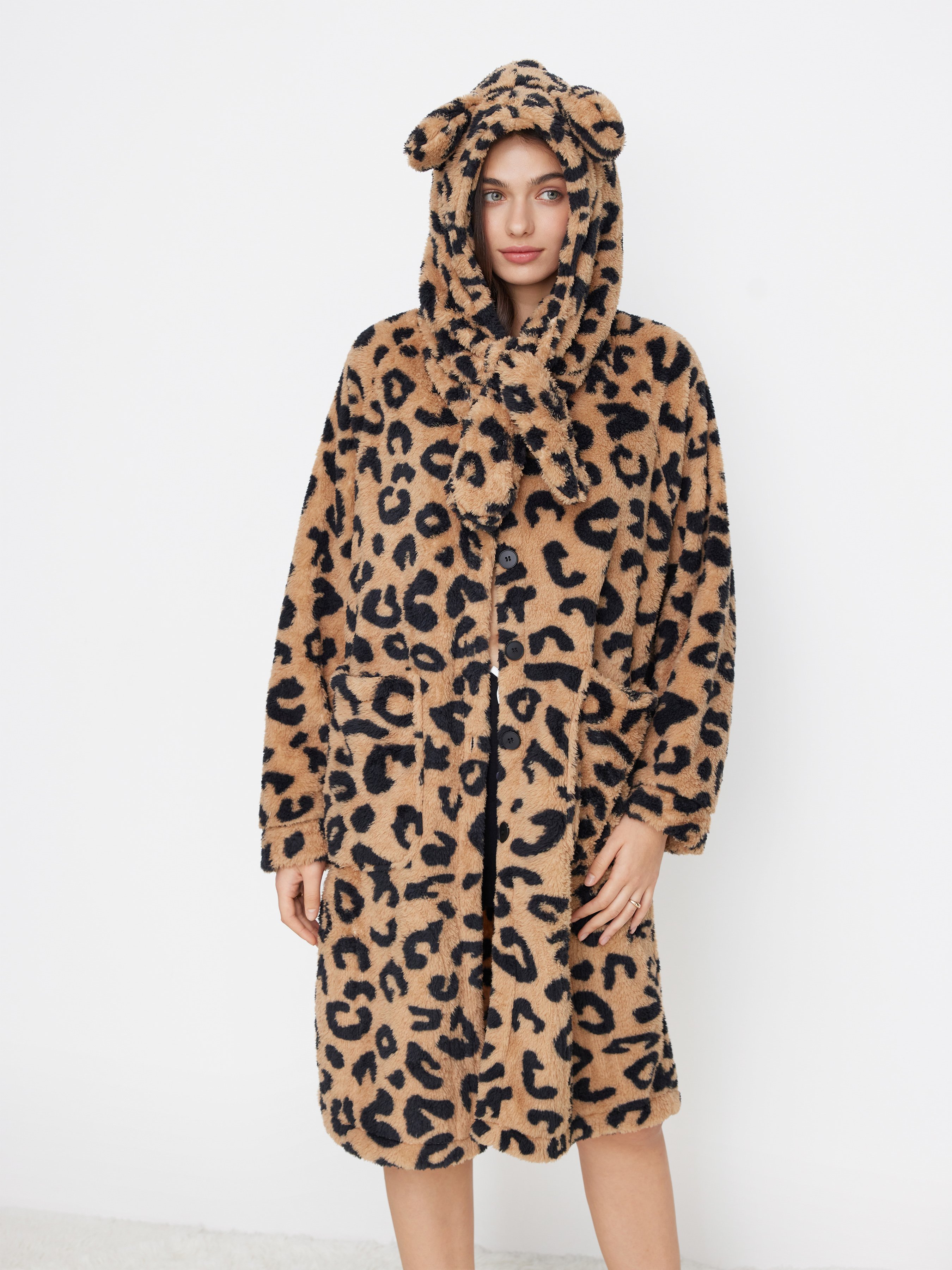Fleece Fleece Hooded Leopard Print Oversized Robe For Bedroom