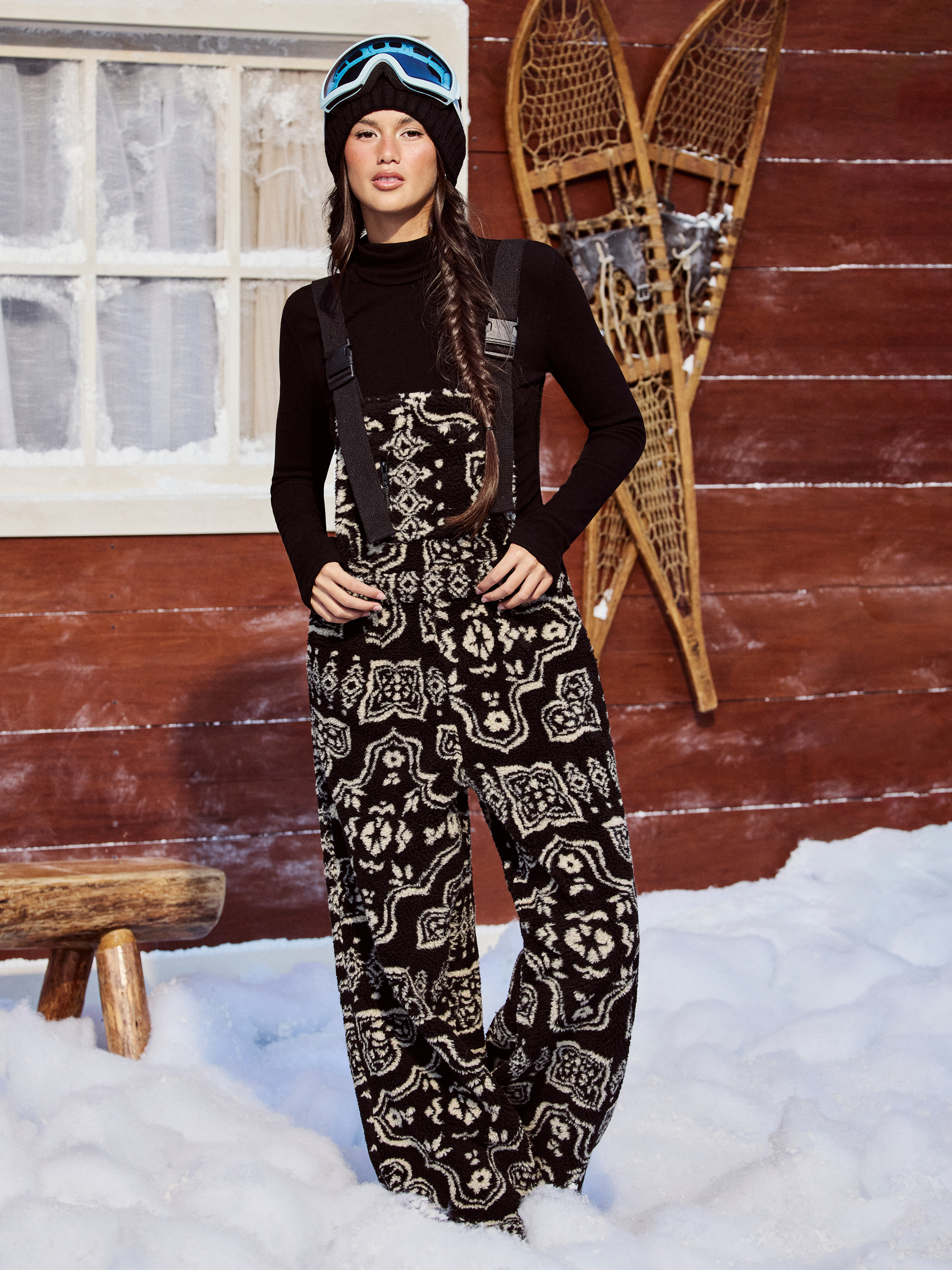 Fleece Fleece Square Neck Aztec Buckle Up Straight Leg Overalls For ...