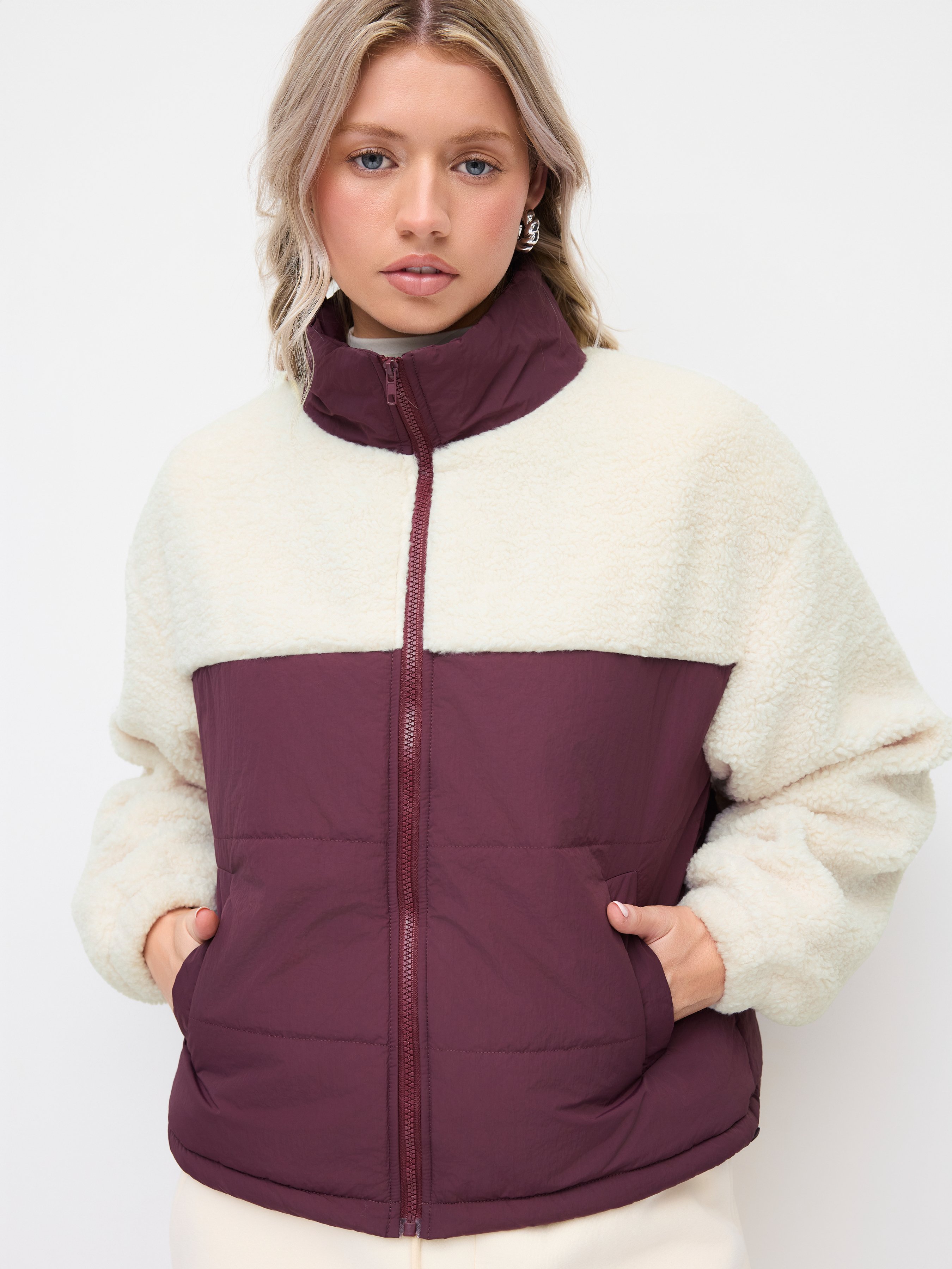 Fleece Fleece Stand Collar Colorblock Faux Fur Trim Oversized Jacket ...