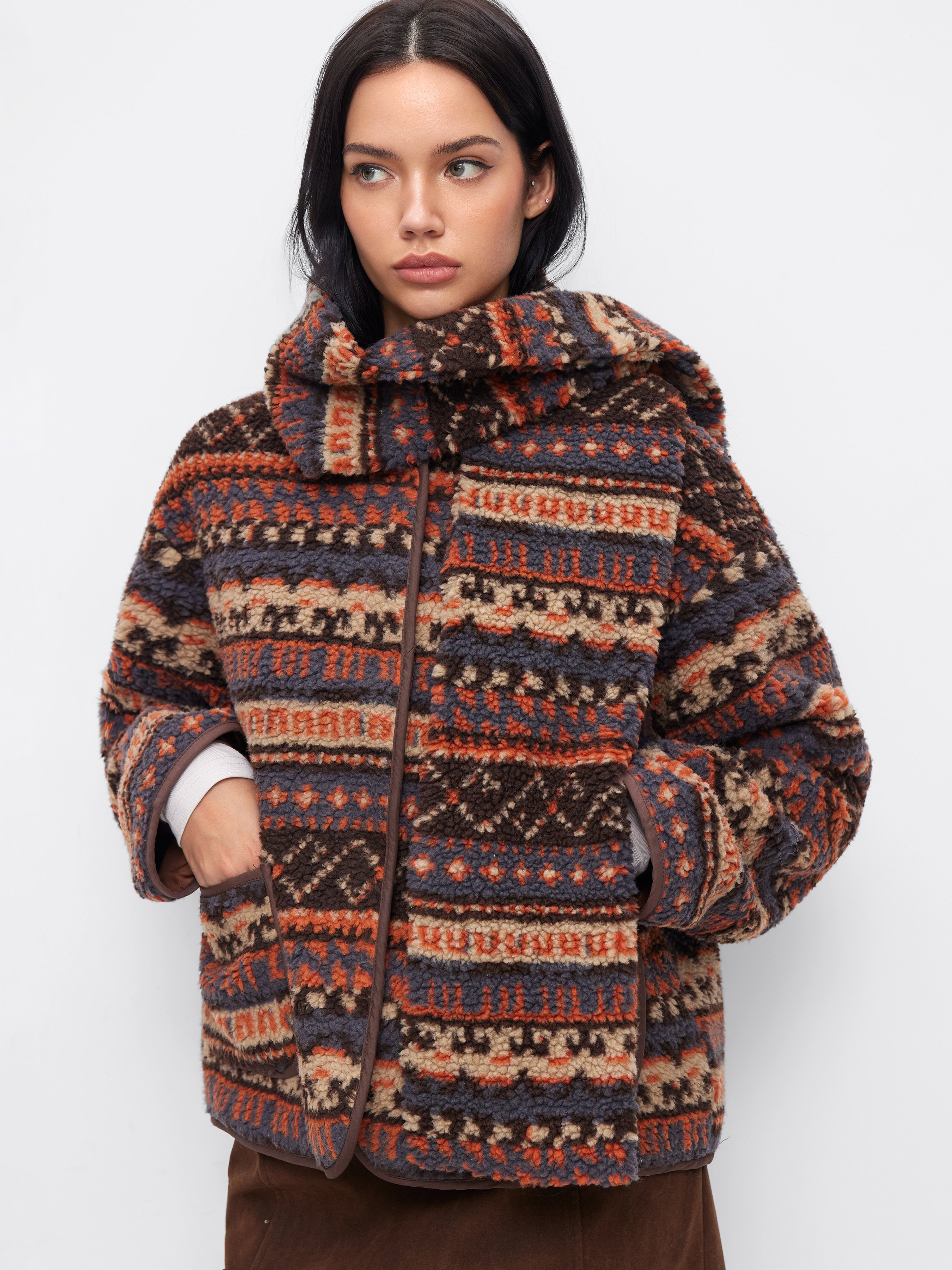 Fleece Fleece Aztec Round Neckline Metal Button Oversized Jacket With ...