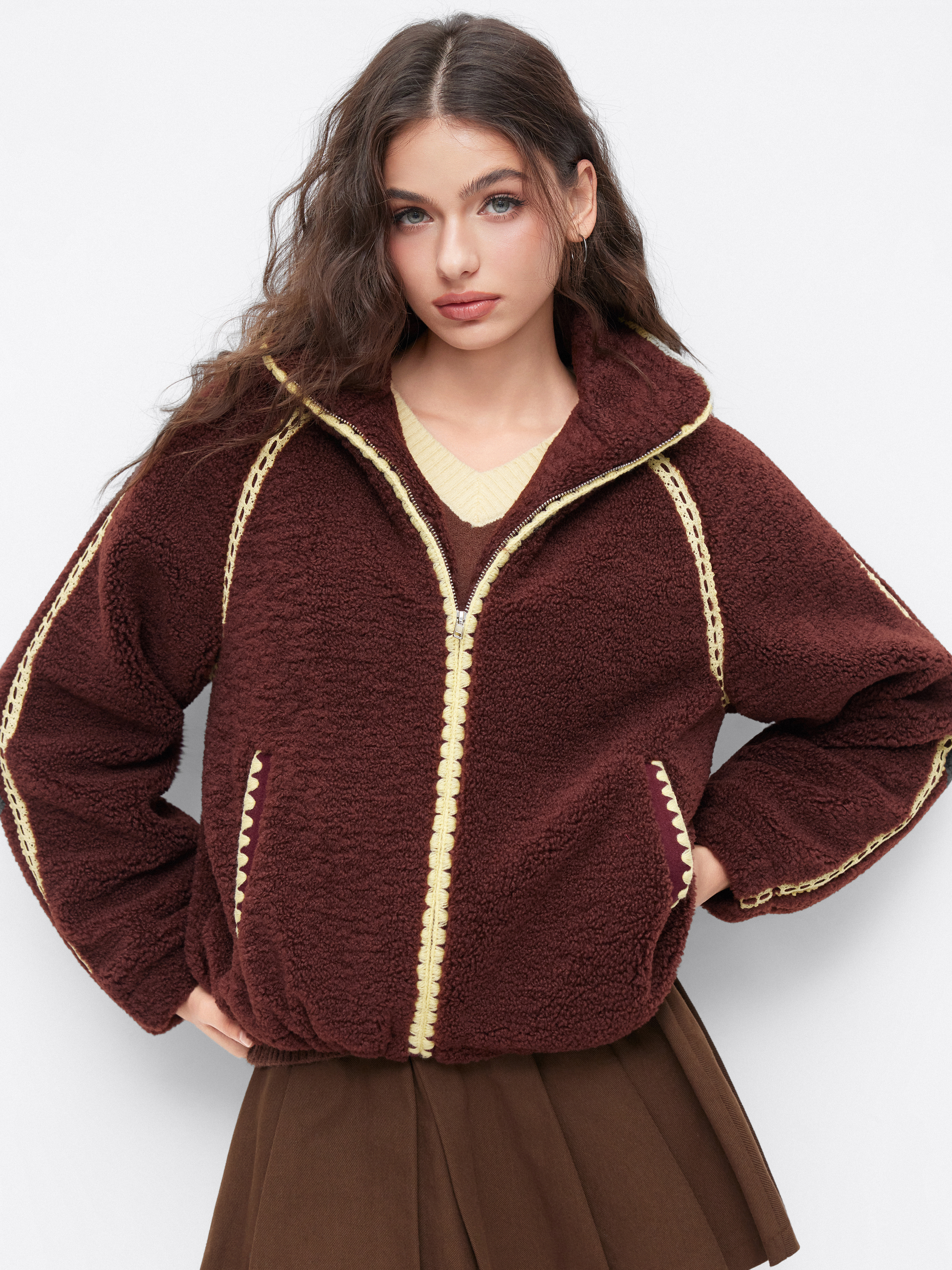 Fleece Fleece Stand Collar Contrasting Binding Drawstring Oversized ...