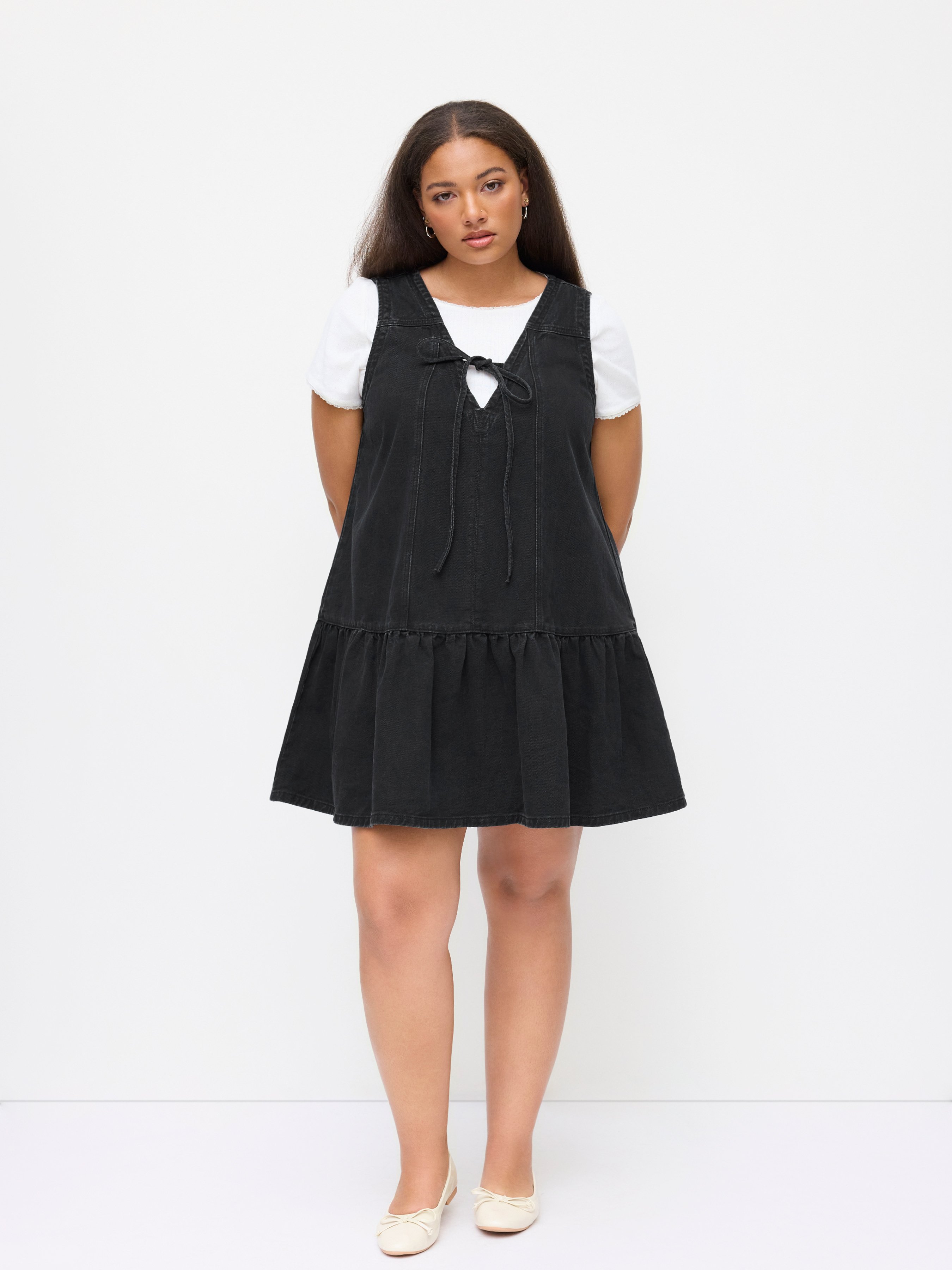 Denim Denim V-neck Knotted A-line Mini Dress Curve & Plus For Daily Casual