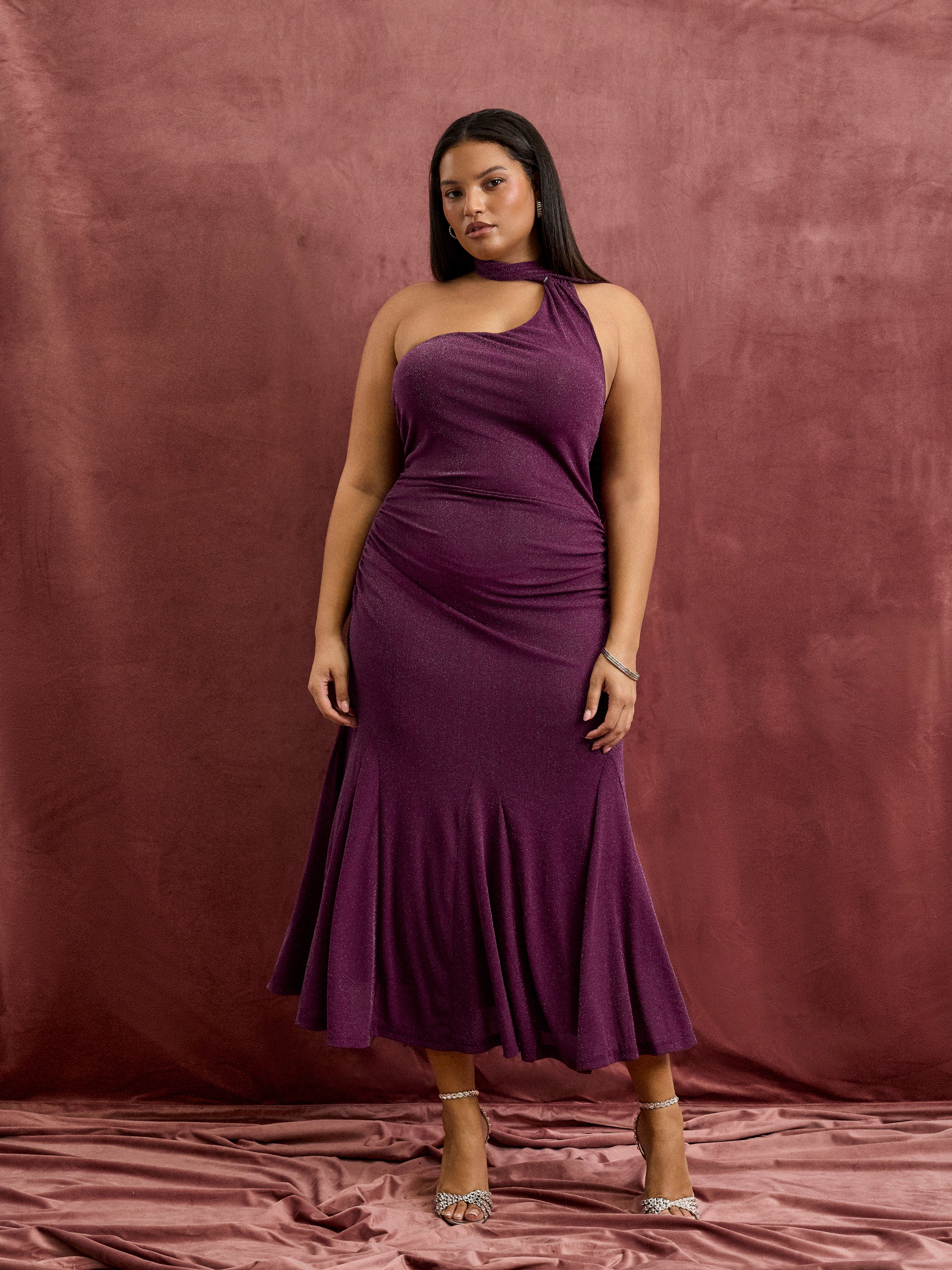 Knit Fabric Halter Neckline Glitter Sheer Backless Mermaid Maxi Dress ...