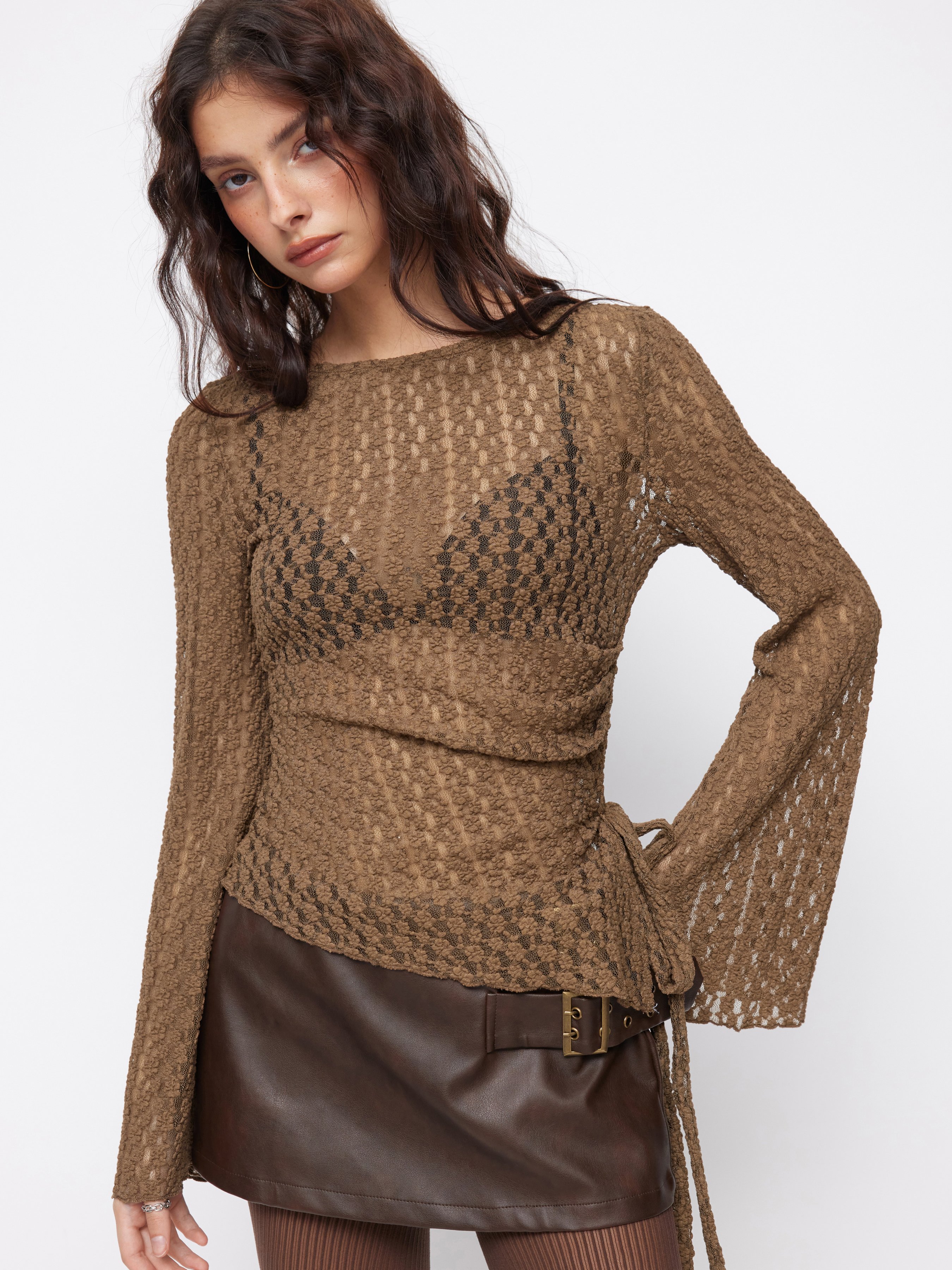 Lace Cotton-blend Boat Neck Bell Sleeve Ruched Asymmetrical Hem Top For ...