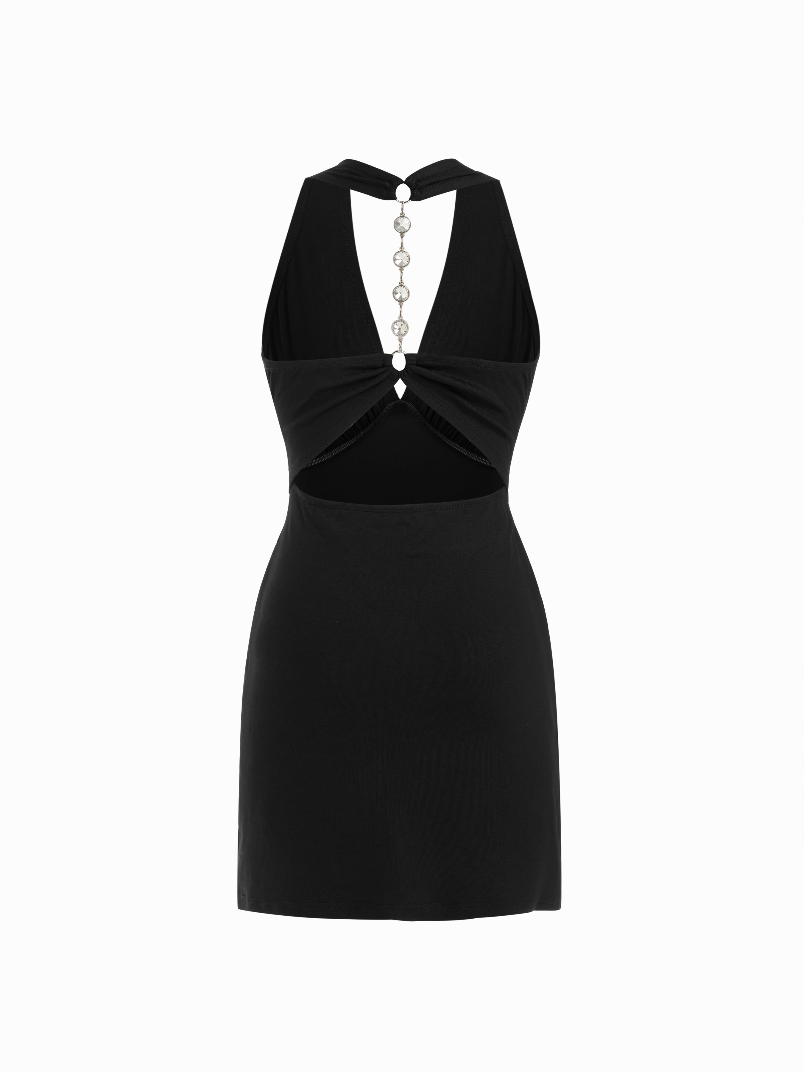 Festival Knit Fabric V-neck Ruched Backless Rhinestone Chain Mini Dress ...